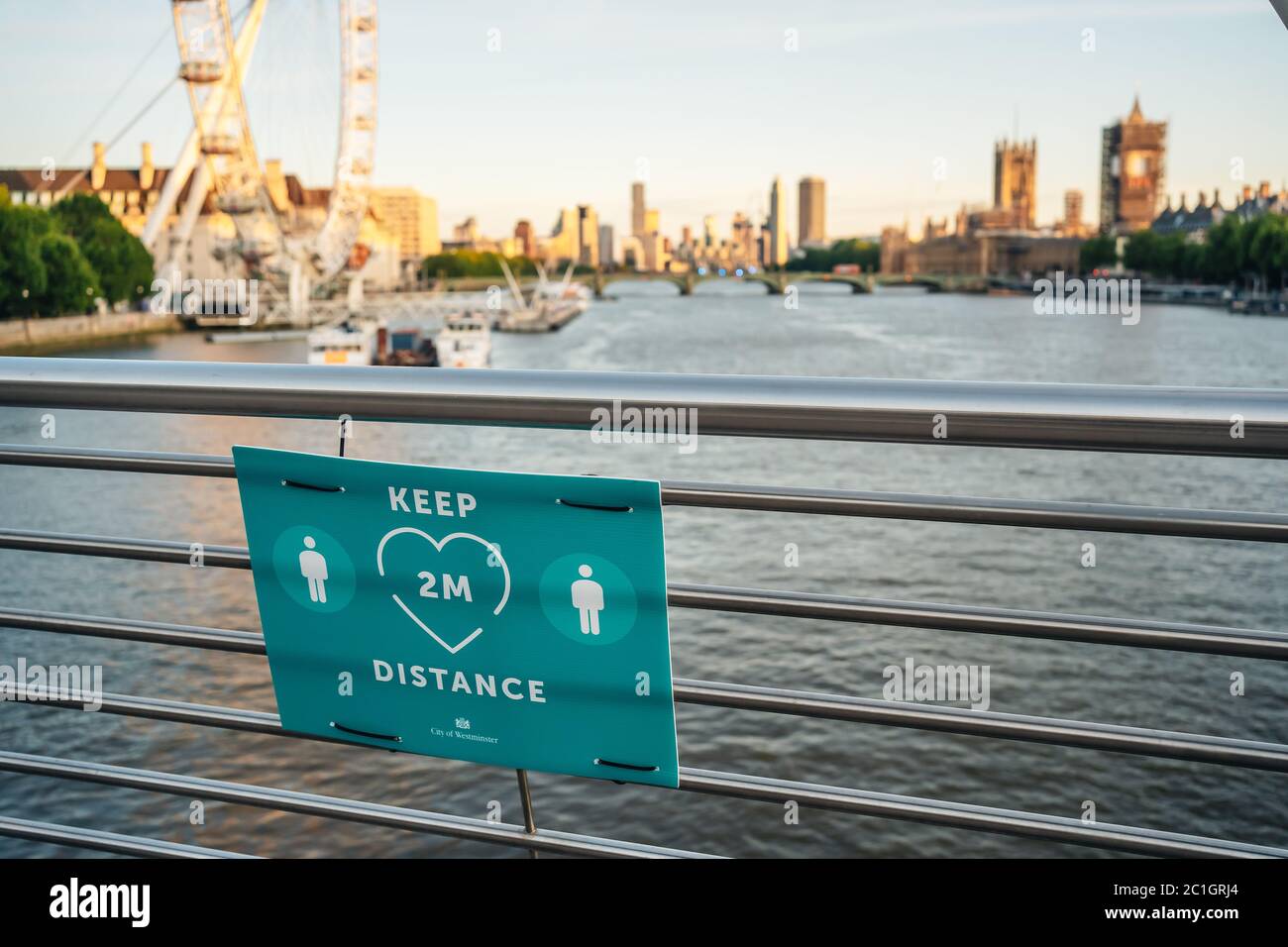 London / UK - 06/06/2020: Keep 2 meter distance on the bridge with Big ...