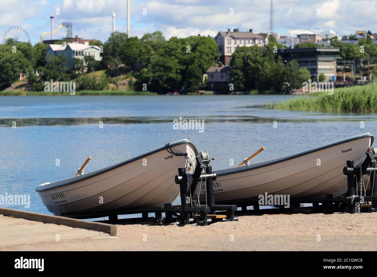 Waterfront of Helsinki, Finland, June 2019. Small boats for water ...