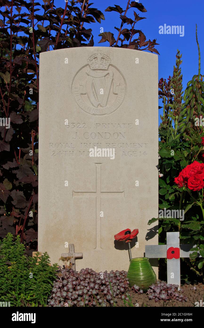 Grave of 14 year-old Irish private John Condon, the youngest Allied soldier killed during the ...