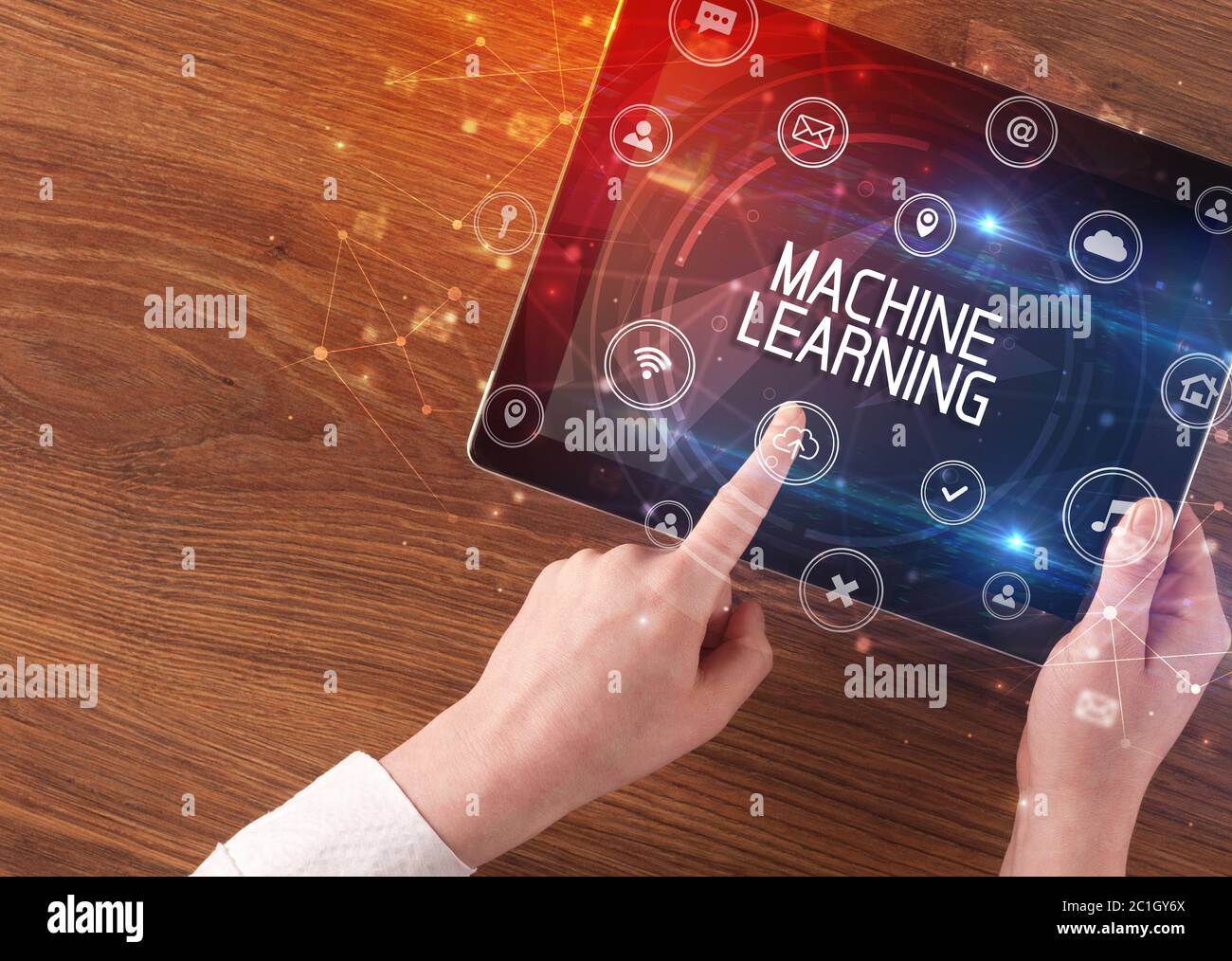 Close-up of a tablet with MACHINE LEARNING inscription, innovative ...