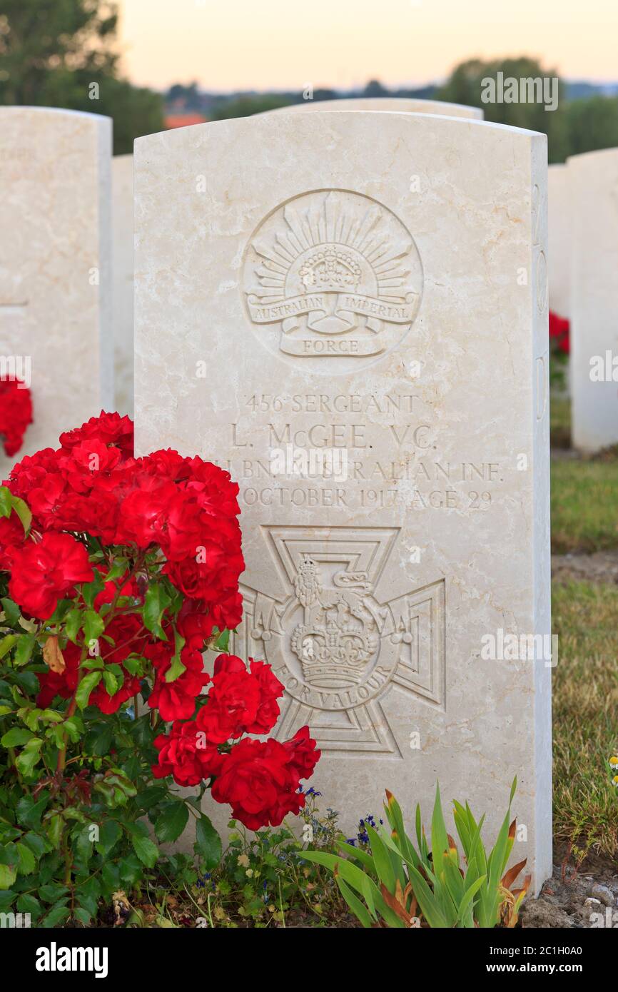 Grave of the Australian Victoria Cross recipient sergeant Lewis McGee (1888-1917) at Tyne Cot ...