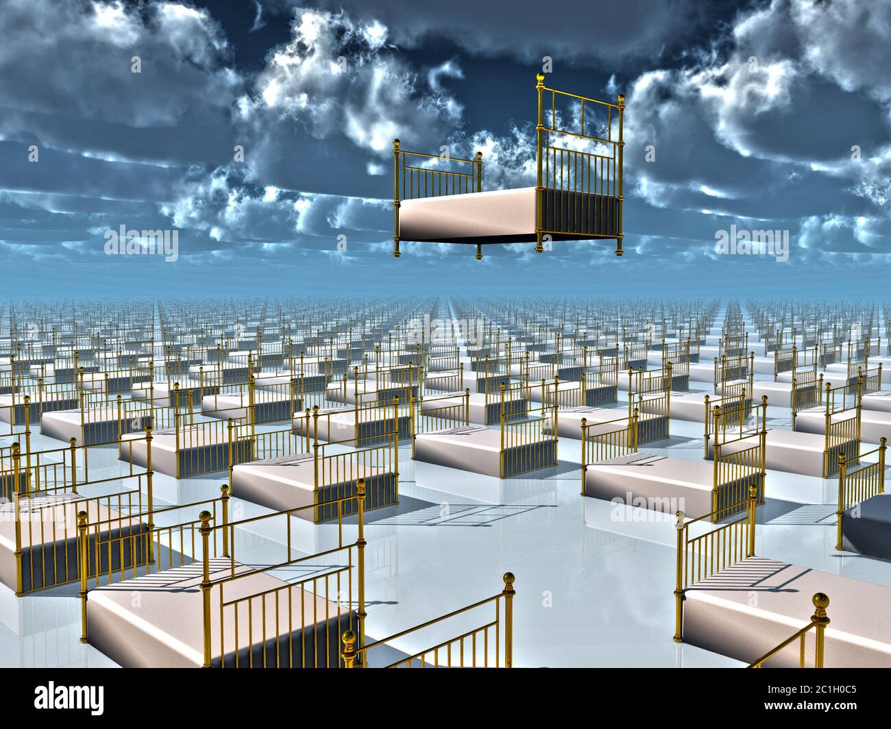 One bed floats above countless beds Stock Photo - Alamy