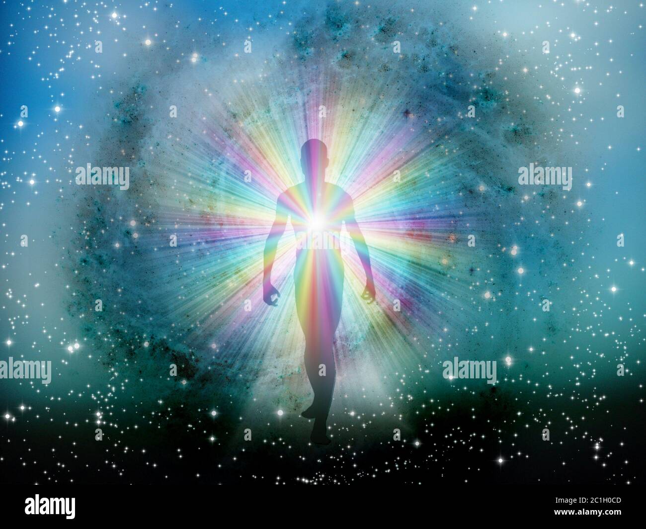 Man's silhouette with rays of light. Aura or soul Stock Photo - Alamy