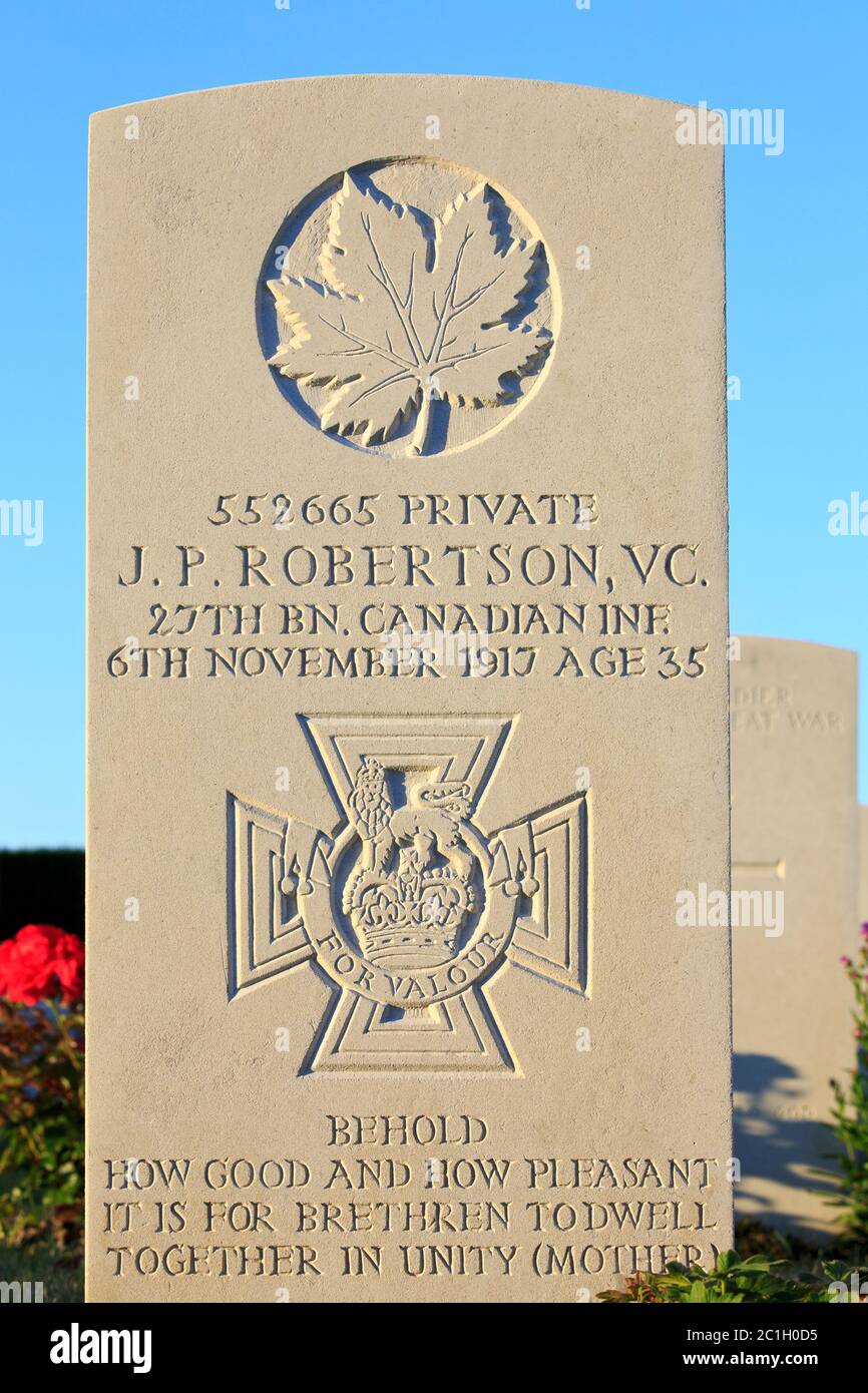 Grave of the Canadian Victoria Cross recipient private James Peter Robertson (1883-1917) at Tyne ...