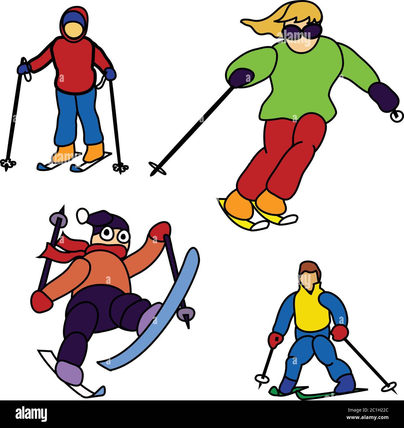 Ski cartoon characters, adults and children with skis & poles in a ...