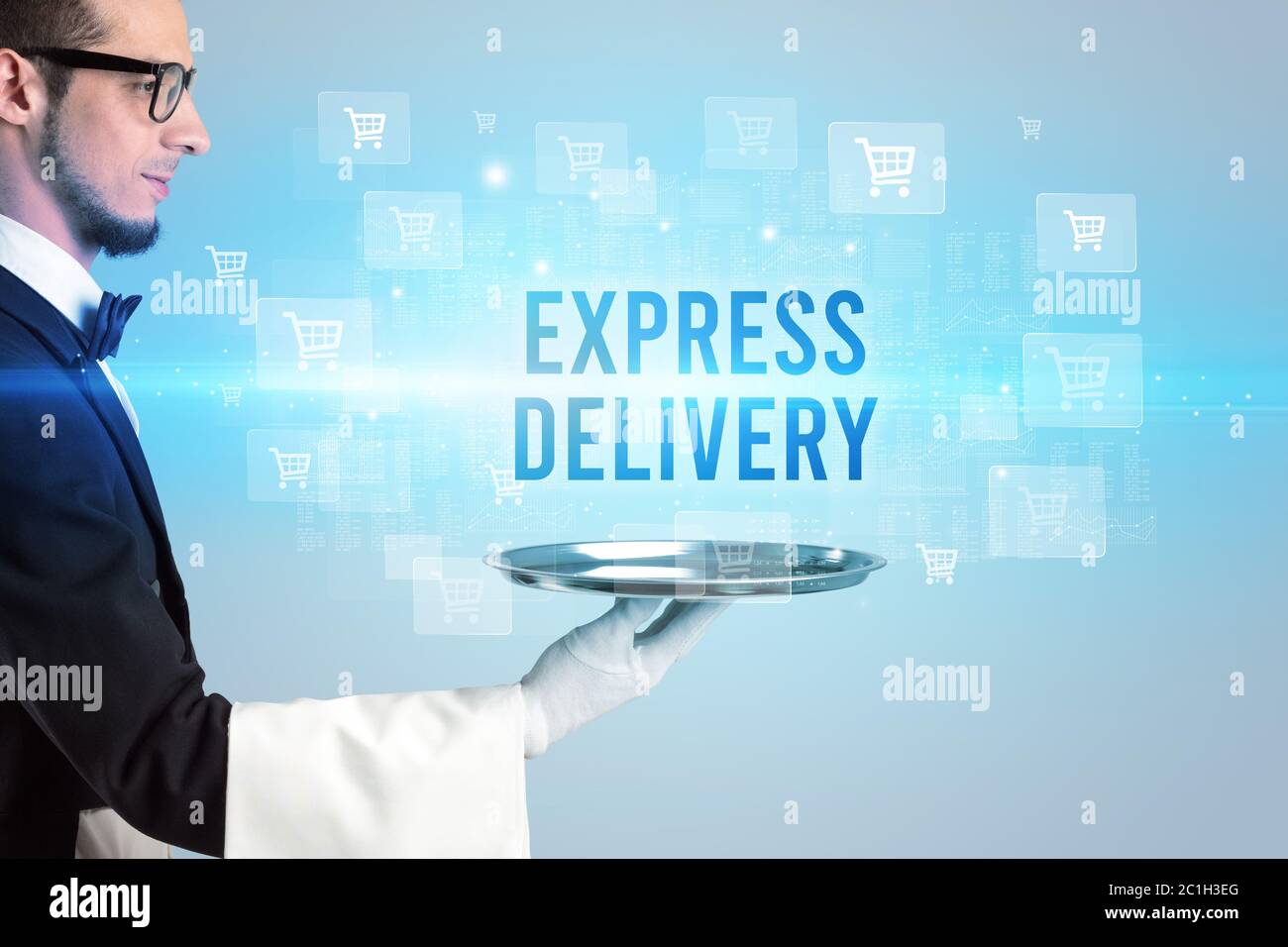 Waiter serving EXPRESS DELIVERY inscription, online shopping concept ...
