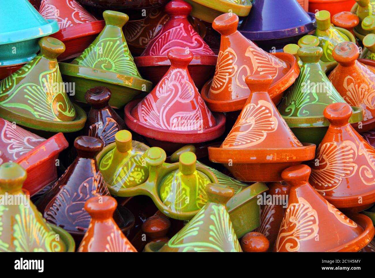 Morocco. Colourful display of ceramic tajines in the historical medina ...