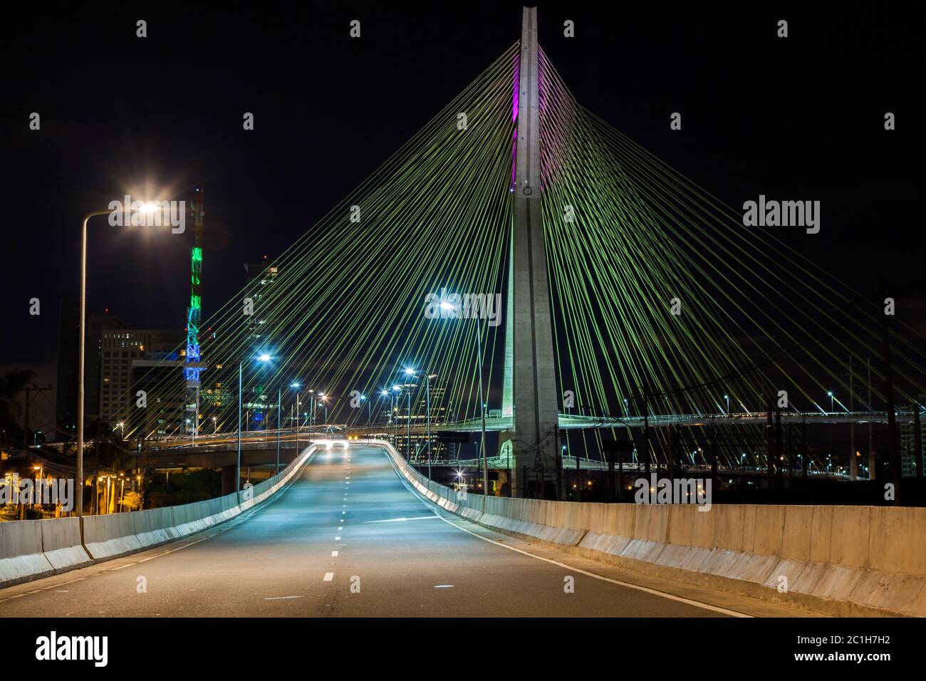 Empty avenue - cable stayed bridge in Sao Paulo - Brazil - at night ...