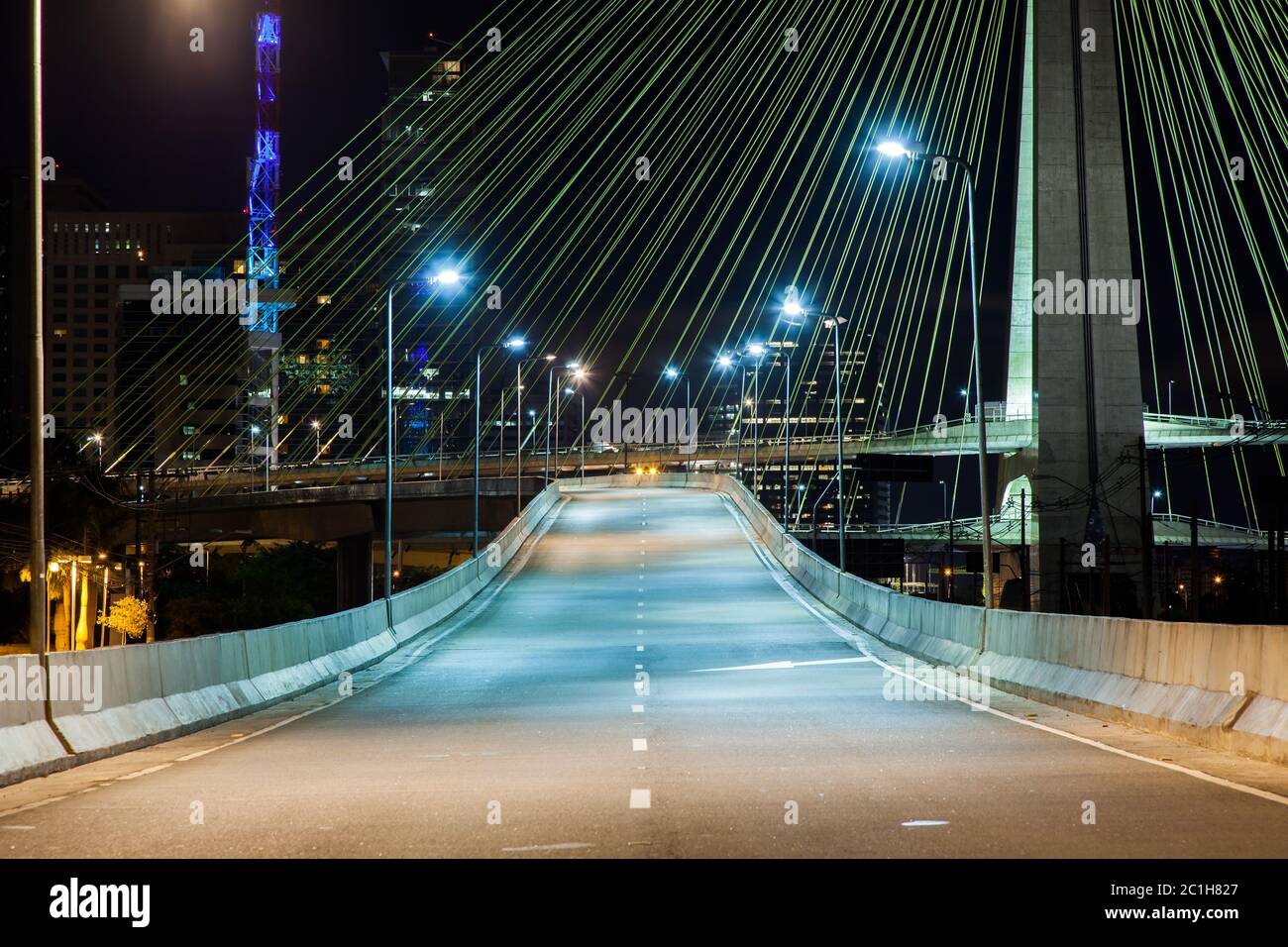 Empty avenue - cable stayed bridge in Sao Paulo - Brazil - at night ...
