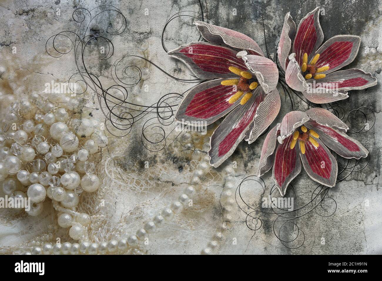 3d wallpaper, bouquet of flowers on lace and concrete wall background ...