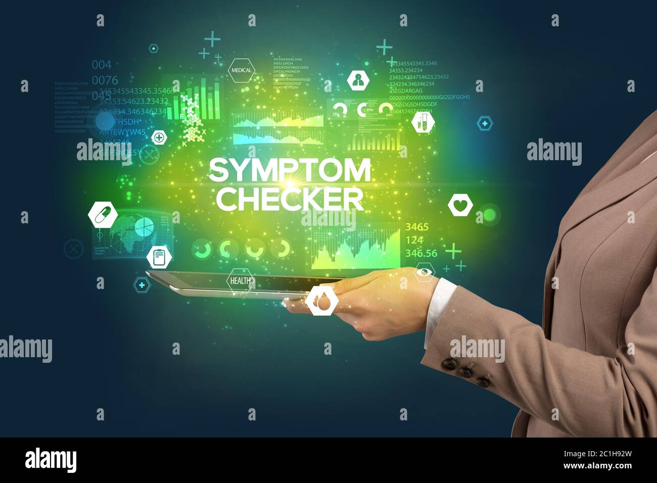 Close-up of a touchscreen with SYMPTOM CHECKER inscription, medical ...
