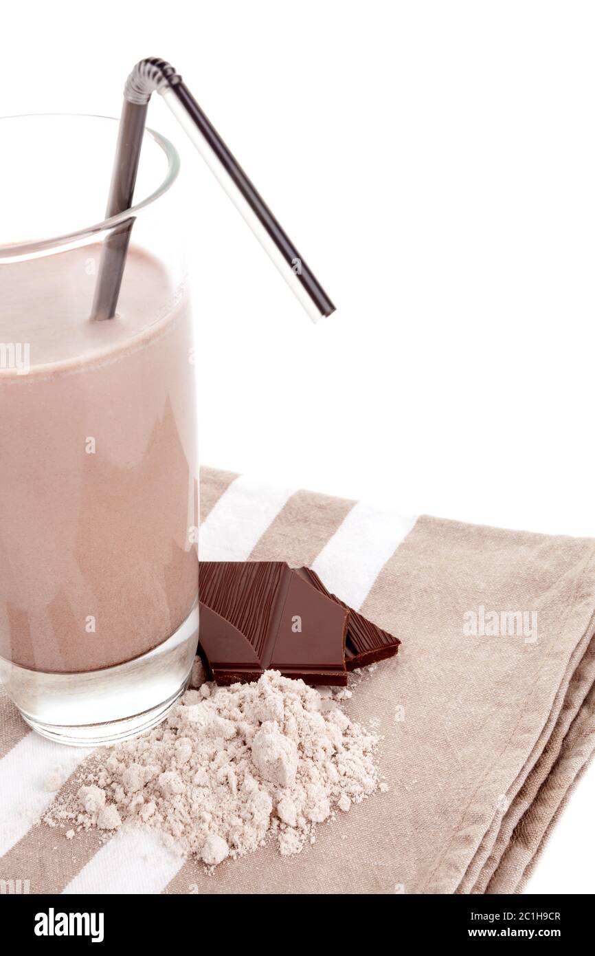 Chocolate protein powder in glass cup Stock Photo - Alamy