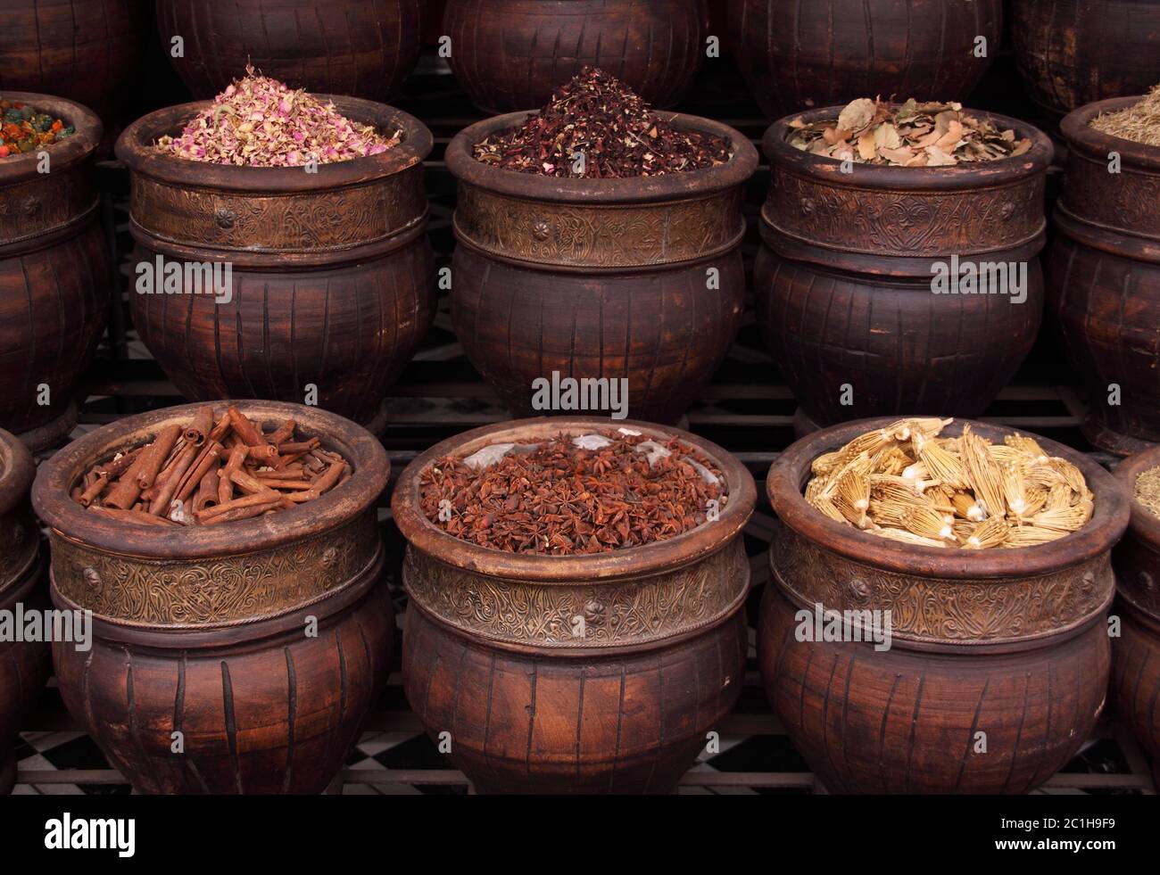 Morocco. Colourful display of spices and herbs in the historical medina ...