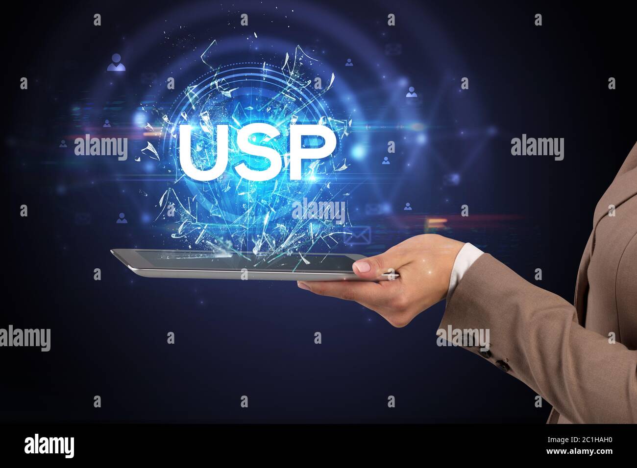 Close-up of a touchscreen with USP abbreviation, modern technology ...