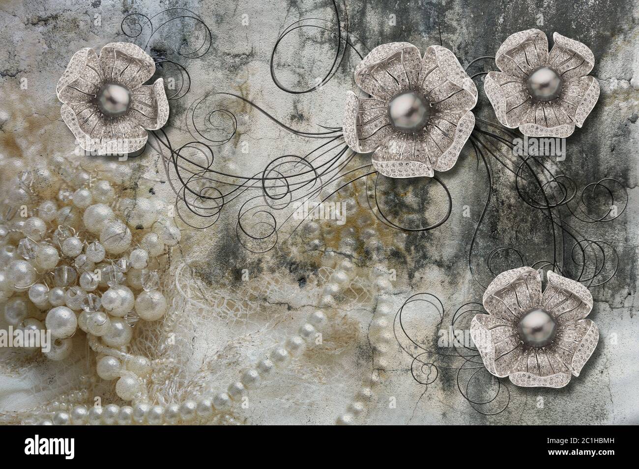 3d wallpaper, jewelry flowers, pearls on lace and concrete wall ...