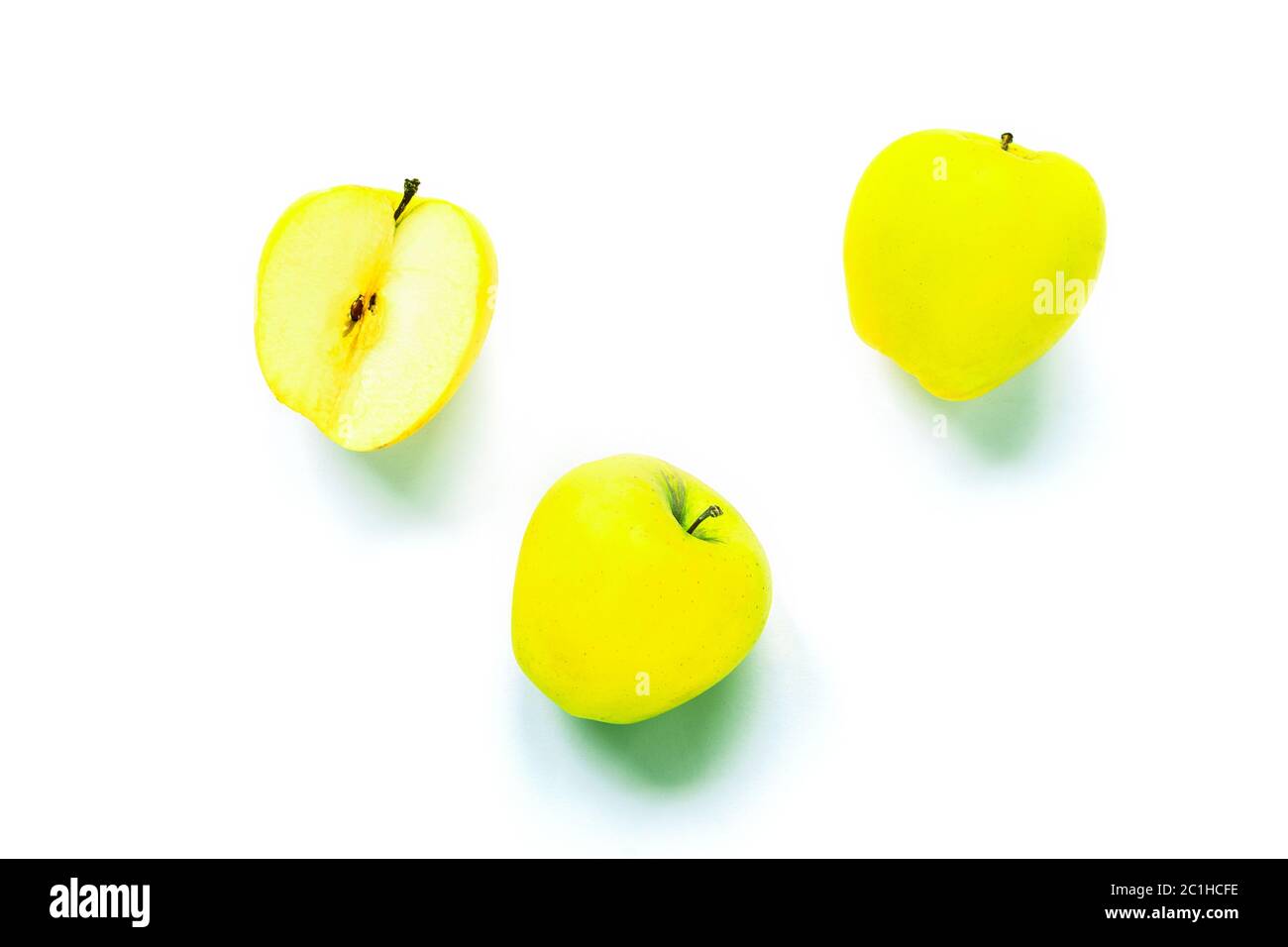 Three yellow green apples isolated on white background, top view Stock ...