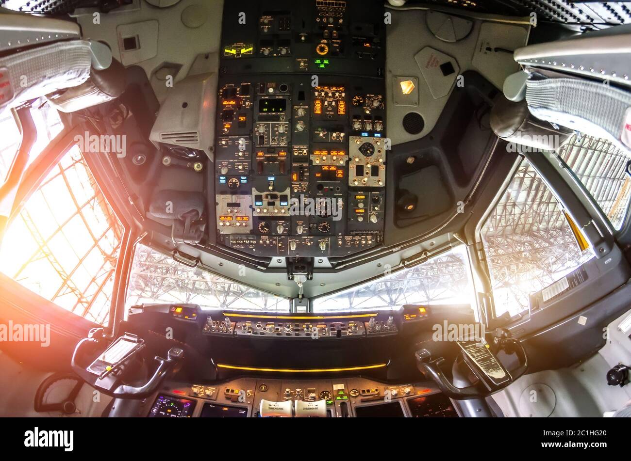 Aircraft cockpit view on the control panel Stock Photo - Alamy