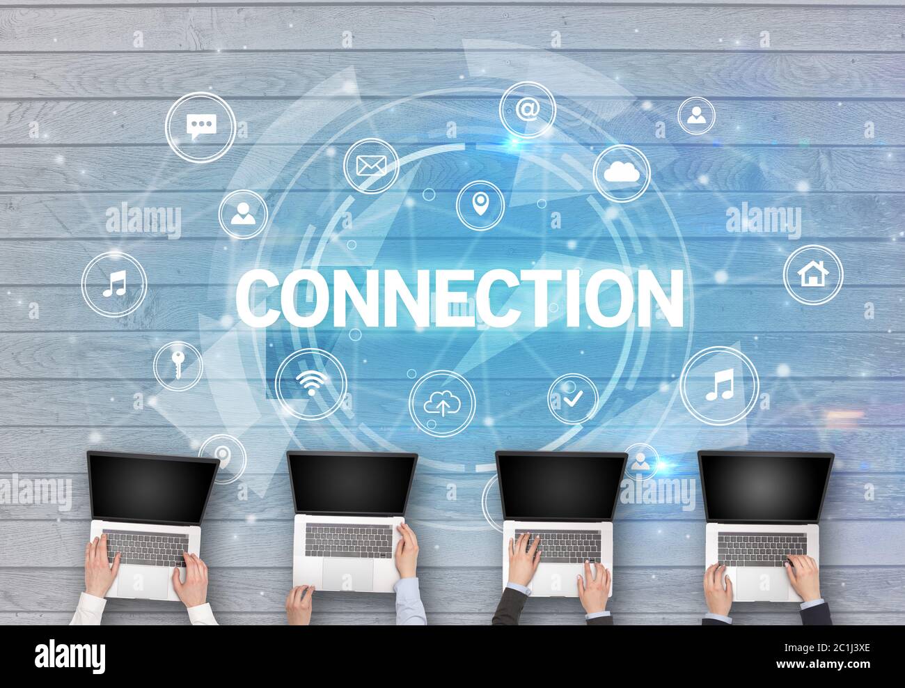 Group of people having a meeting with CONNECTION insciption, social ...