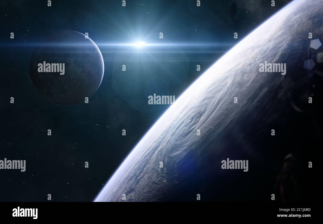 Earth and Moon in light of Sun. Solar system. Science fiction Stock ...