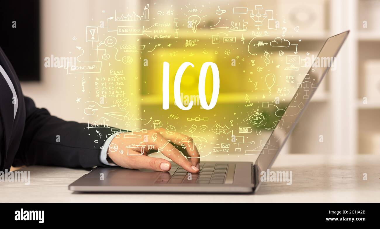 hand working on new modern computer with ICO abbreviation, modern ...