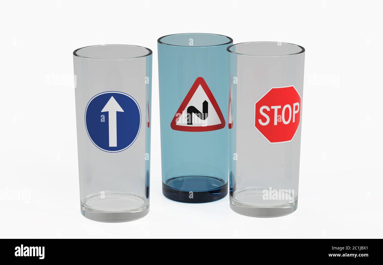 Three empty glass decorated with road signs Stock Photo - Alamy