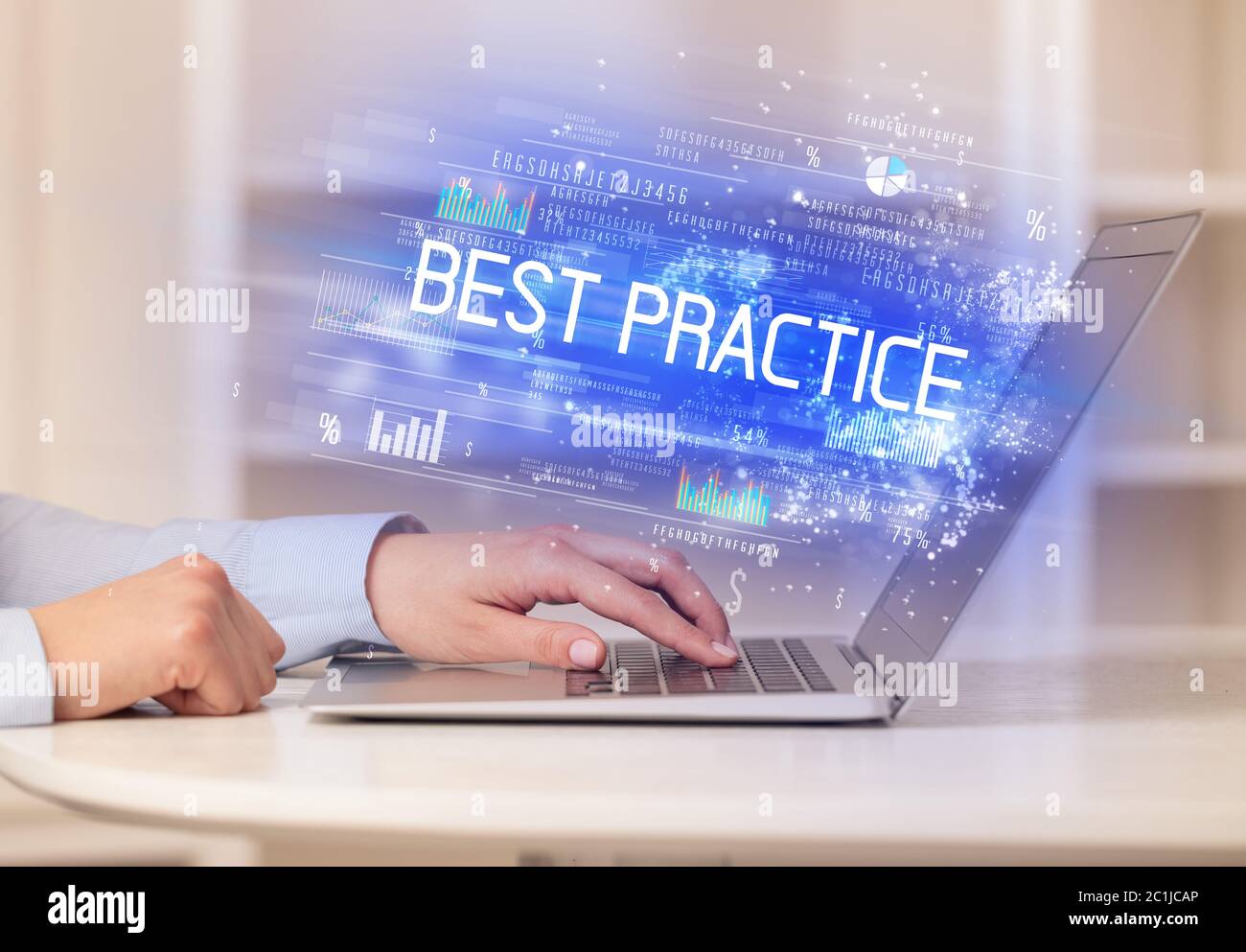 Closeup of businessman hands working on laptop with BEST PRACTICE ...