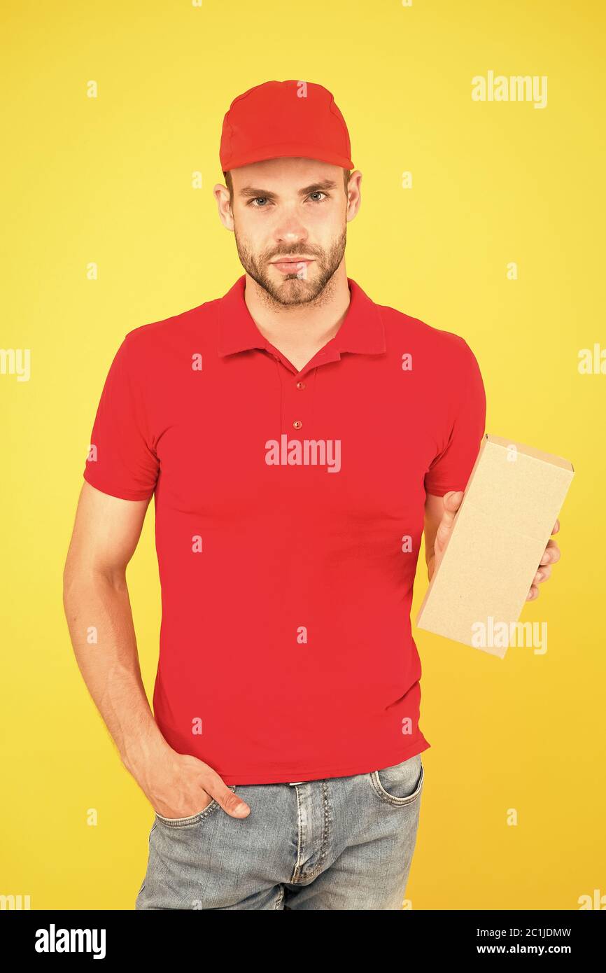 impressive seller man yellow background. Have nice day. friendly sale ...