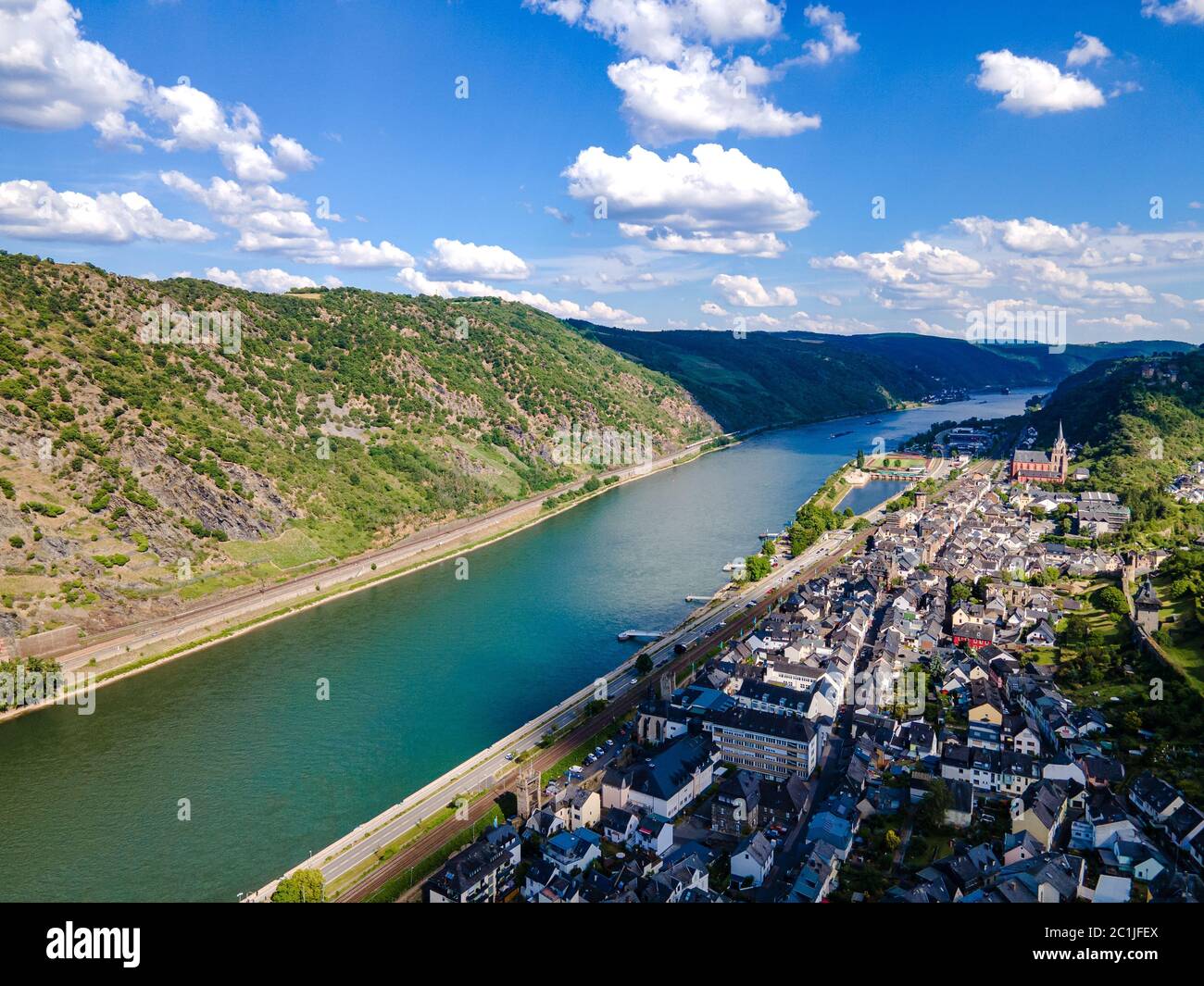 Aerial view on Oberwesel am Rhein. Small town on the upper middle Rhine ...