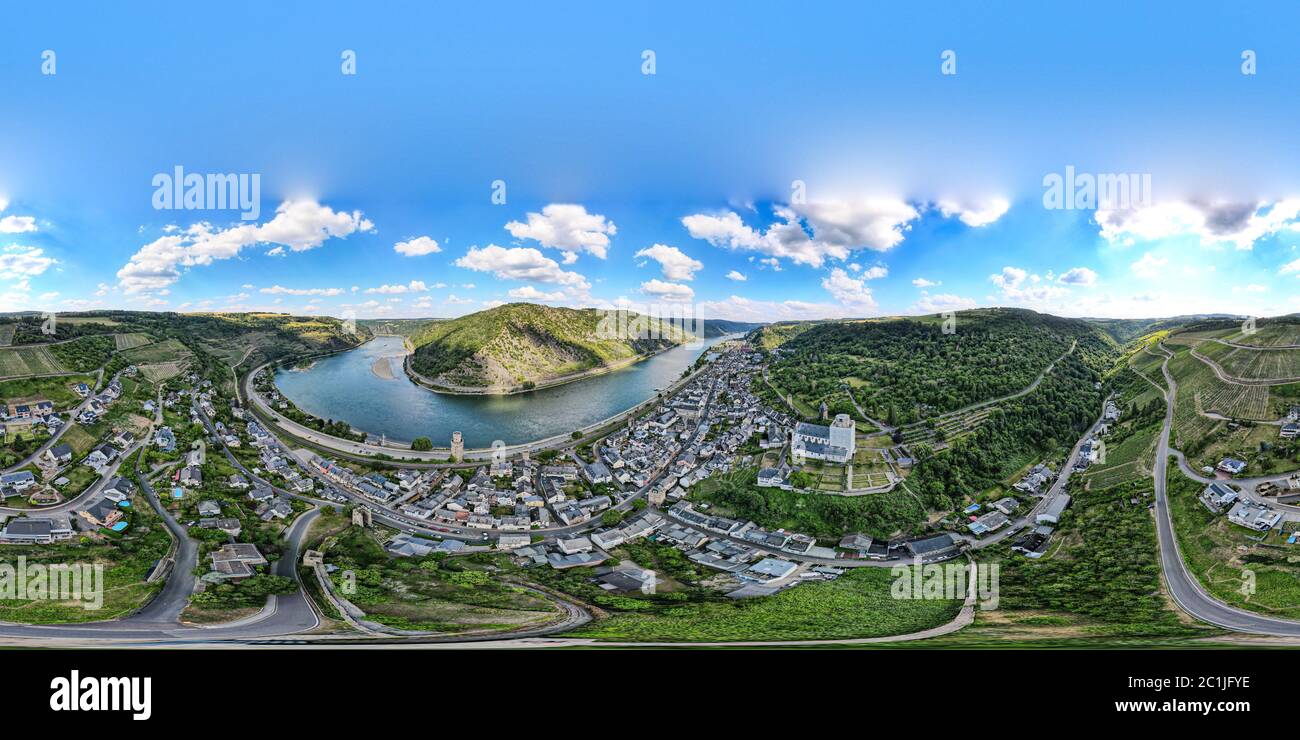 Aerial panorama 360 on Rhine loop (Rheinschleife) in Oberwesel am Rhein ...