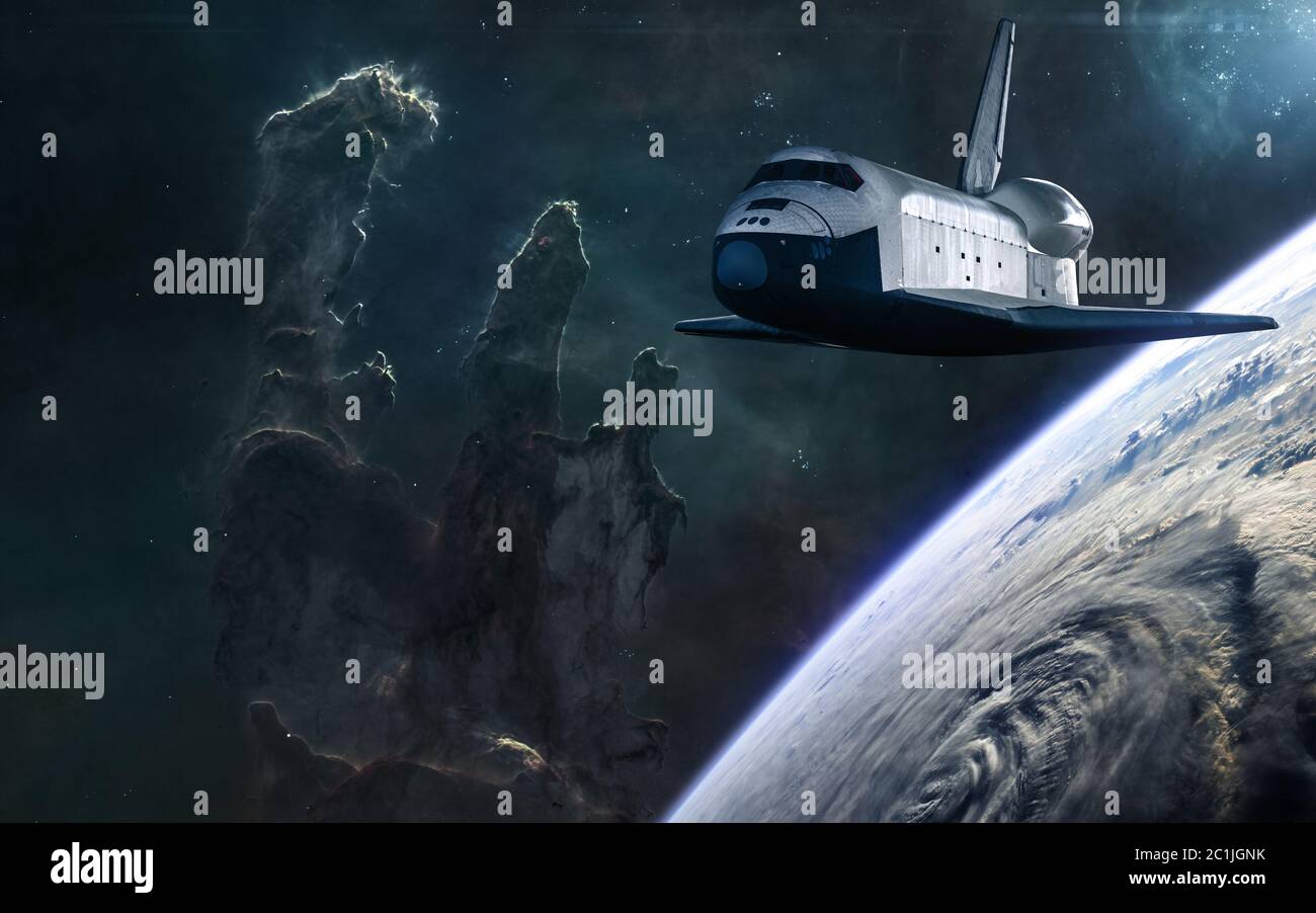 Space shuttle, planet on background of the Pillars of Creation. Beauty ...
