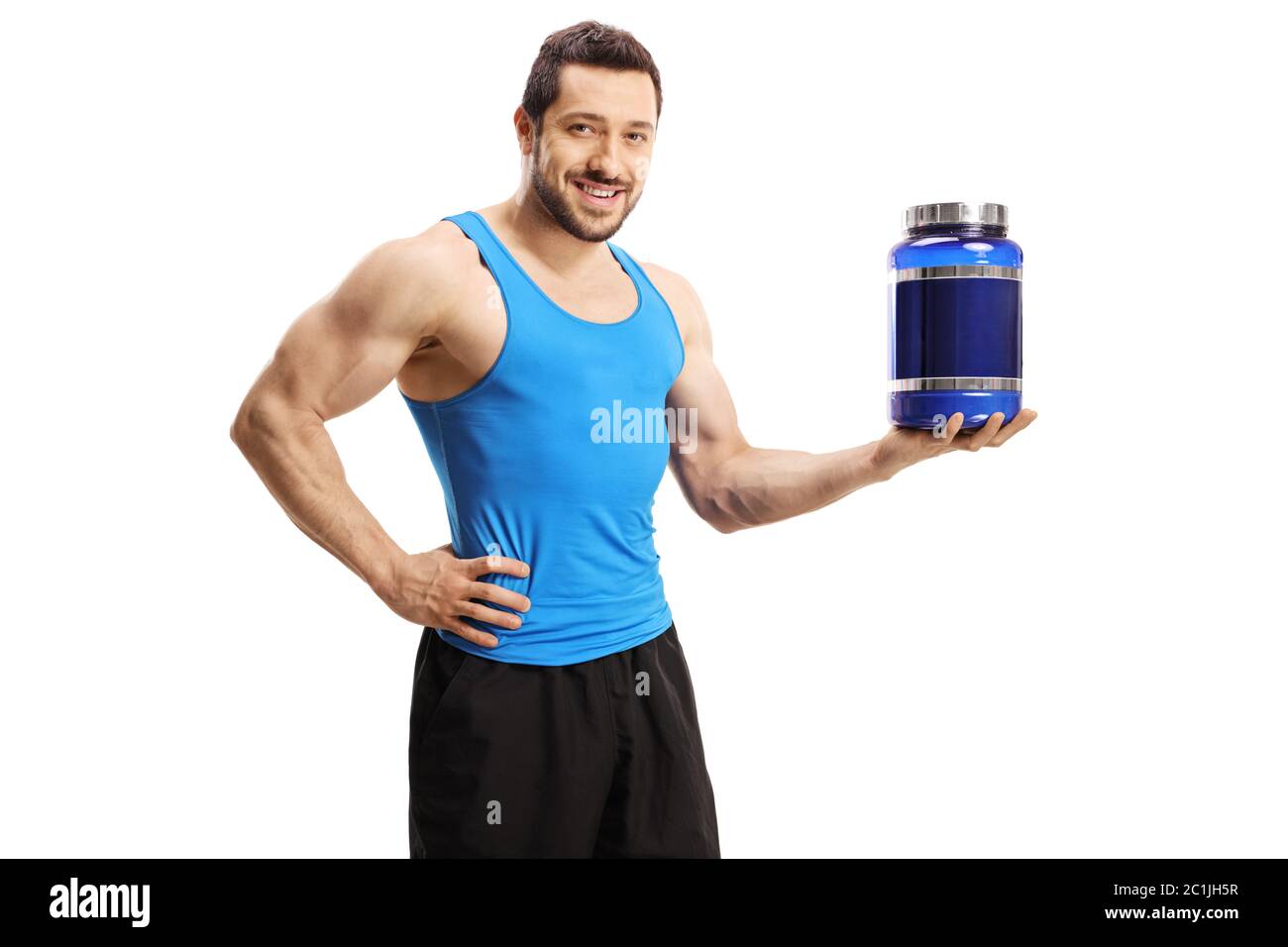 Muscular bodybuilder holding a pack of protein powder isolated on white ...