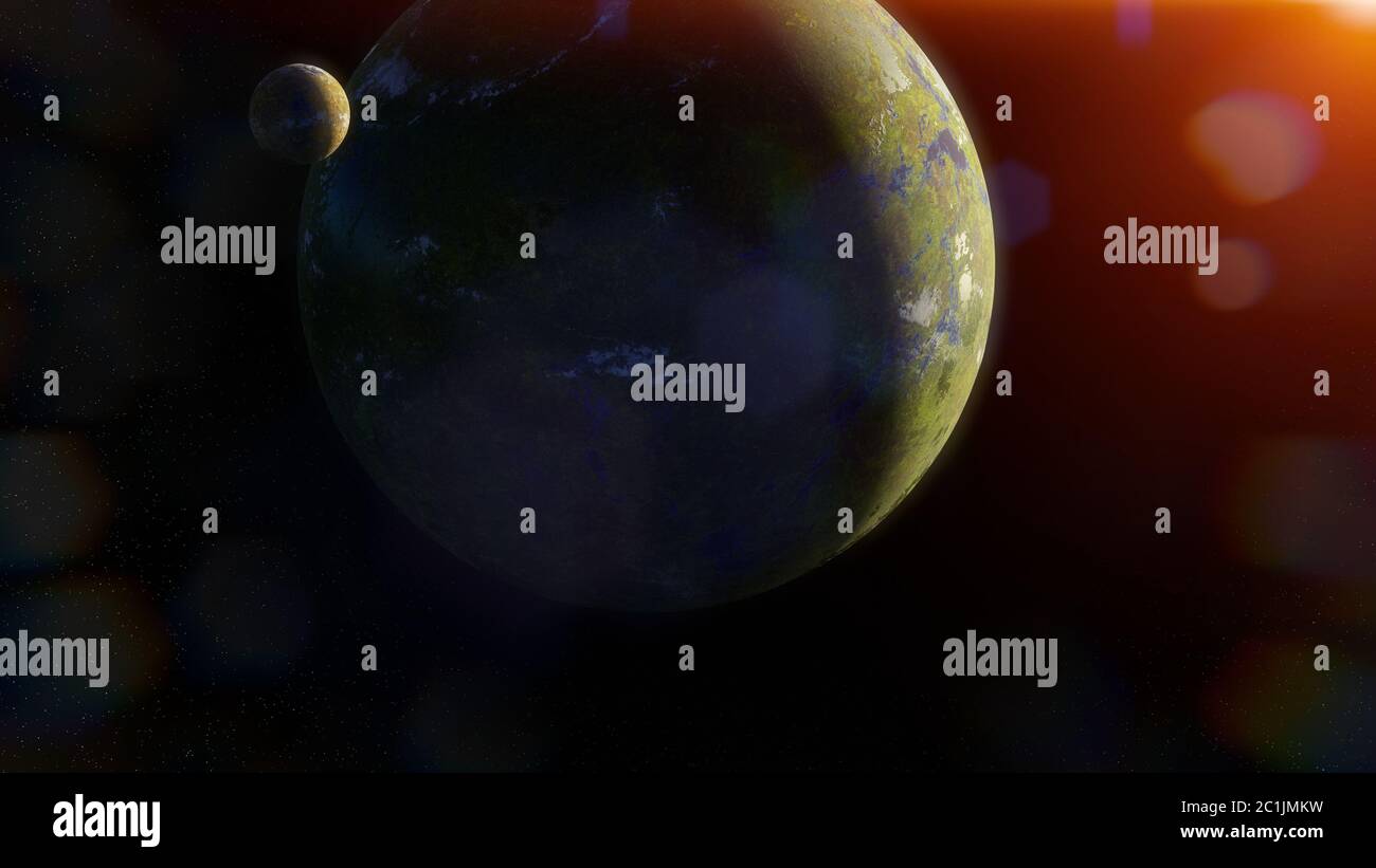 Earth like alien planet with moon lit by a distant sun Stock Photo - Alamy