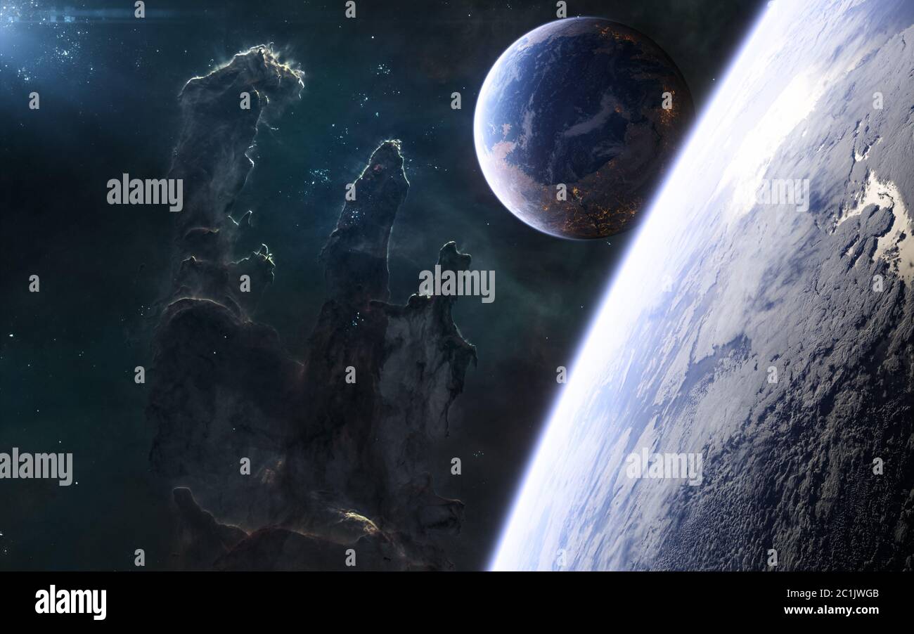 Inhabited planets of deep space against background of the Pillars of ...