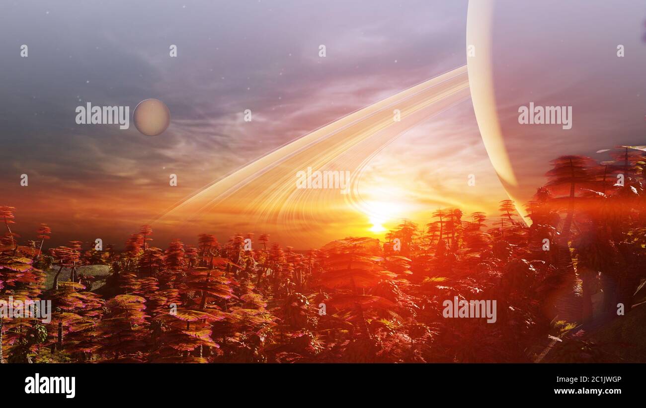 sunrise on an alien world, forest landscape on the surface of an ...