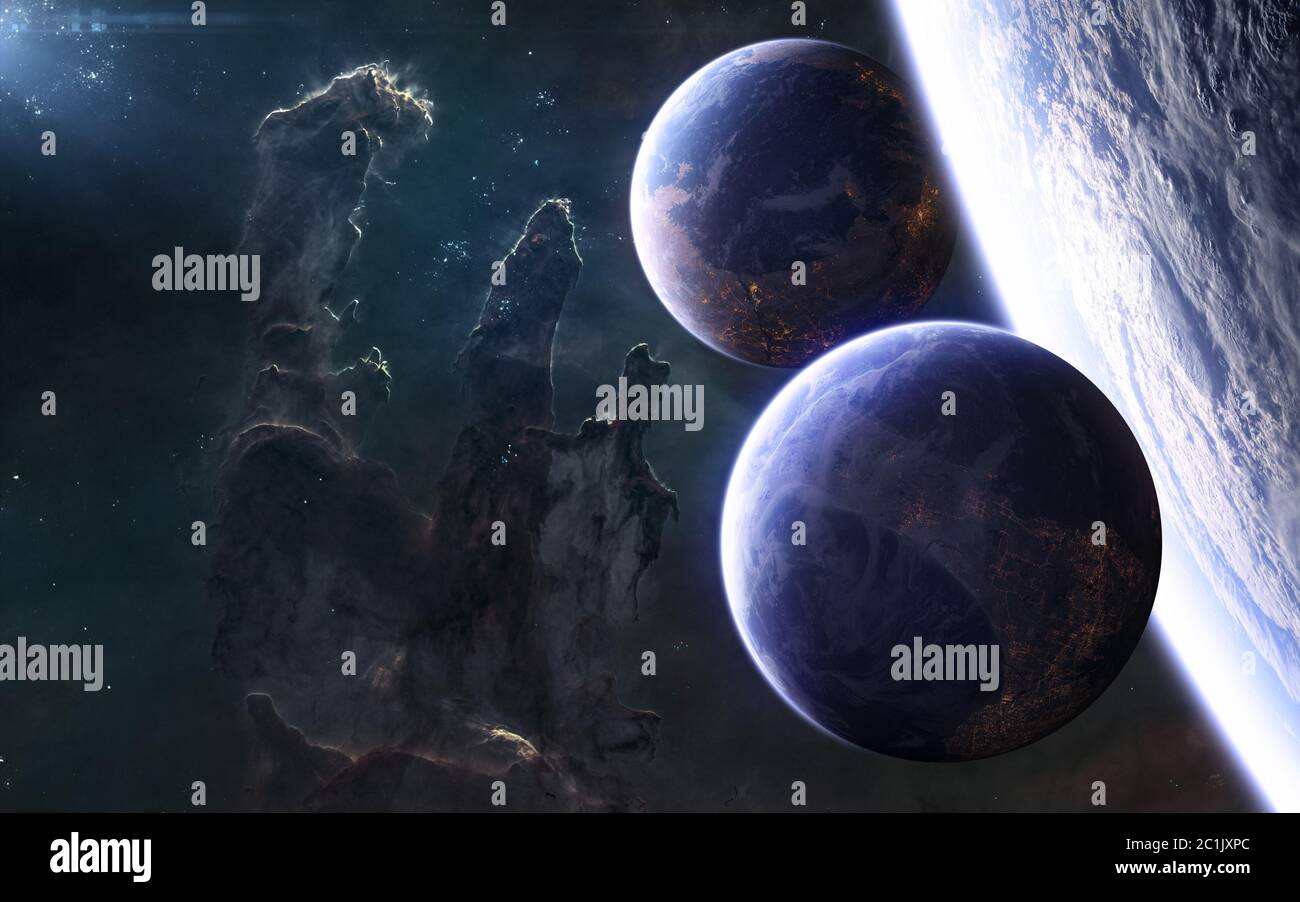 Inhabited planets of deep space against background of the Pillars of ...