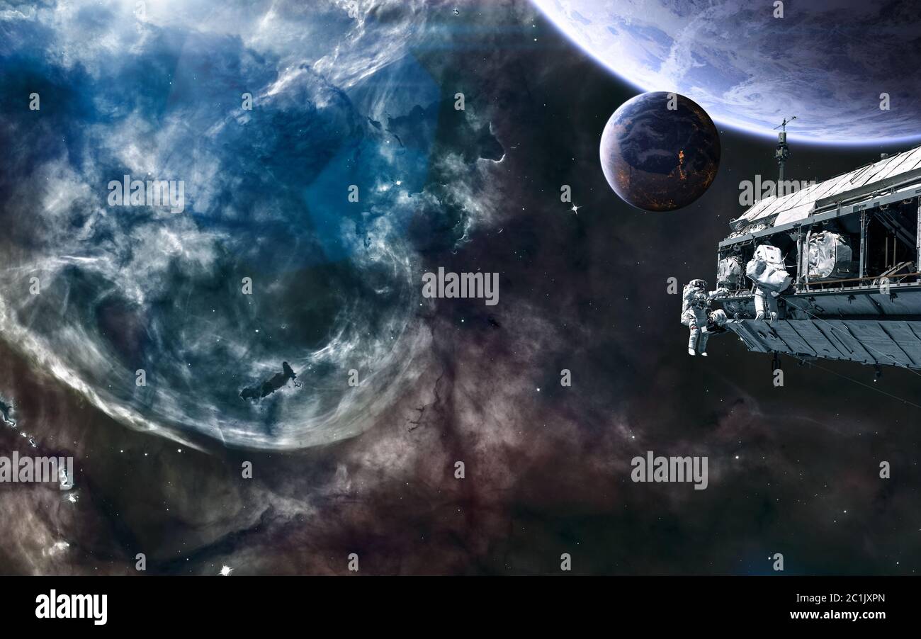 Deep space landscape, nebulae, planets, space station. Science fiction ...