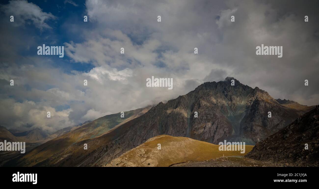 Panoramic view to Barskoon pass, river and gorge and Sarymoynak pass ...