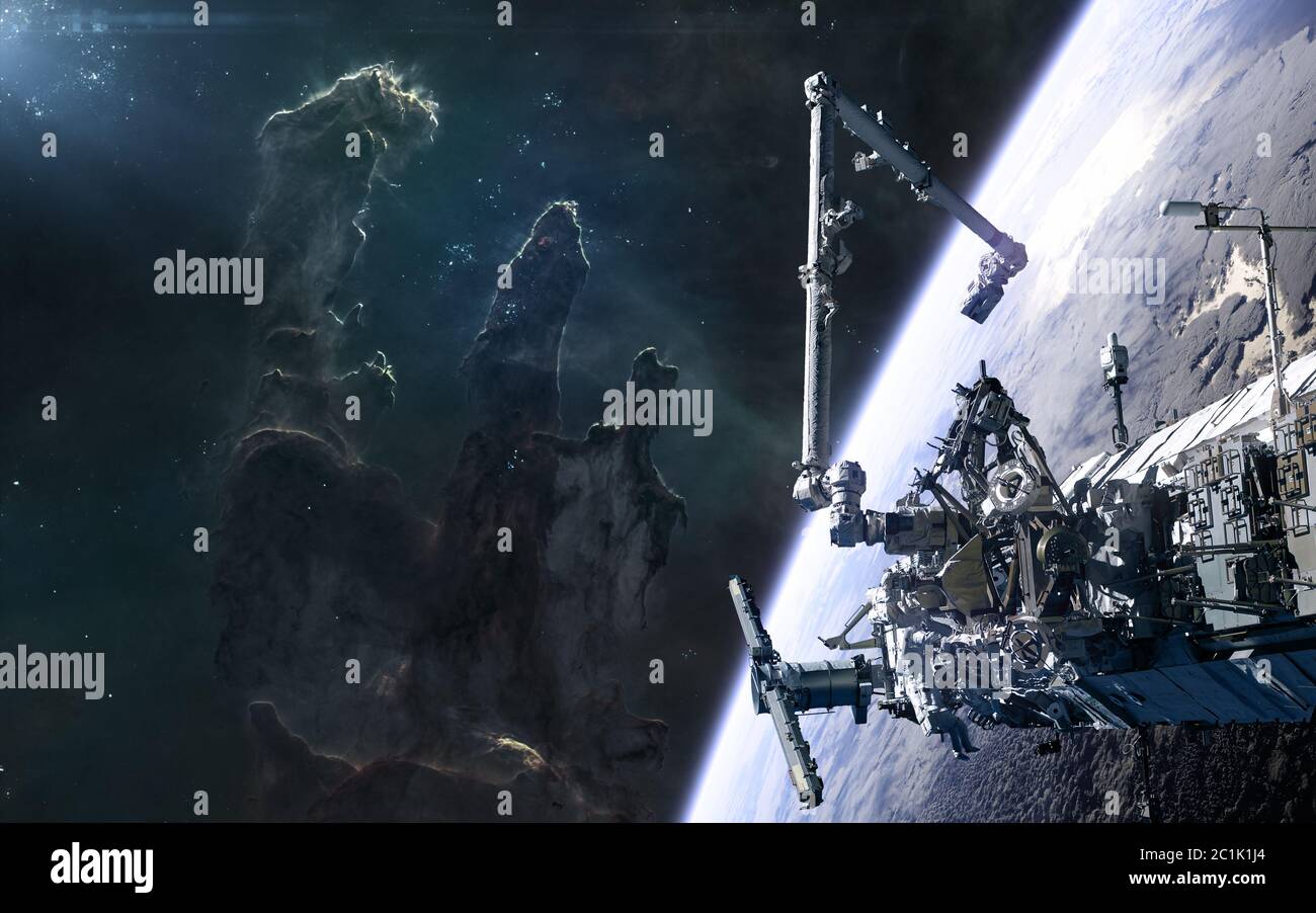 Space station, planet on background of the Pillars of Creation. Beauty ...