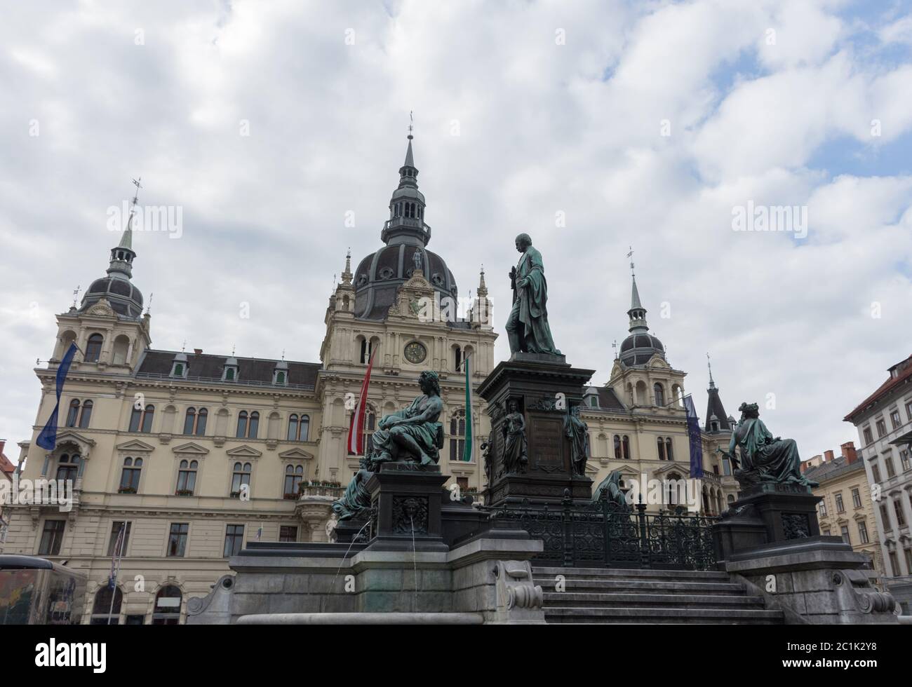 Erzherzog Johann fountain and Town Hall at Hauptplatz (main square) in ...