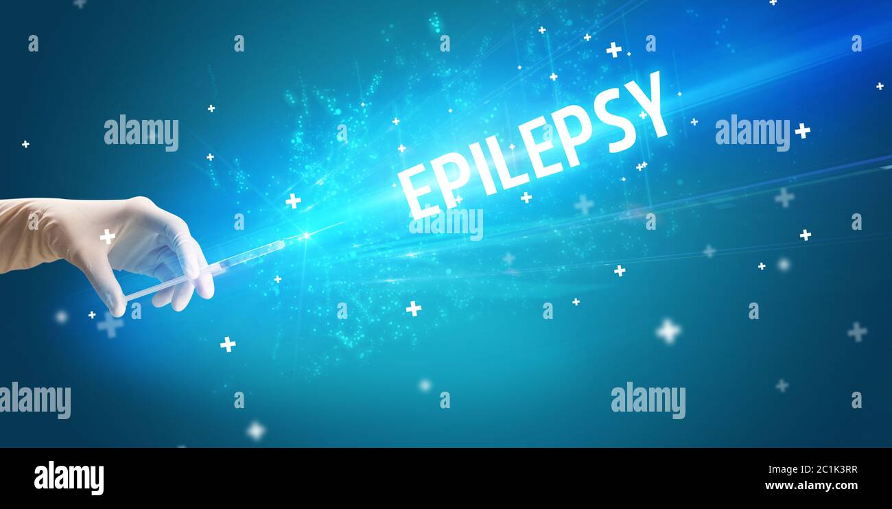 Syringe, medical injection in hand with EPILEPSY inscription, medical ...