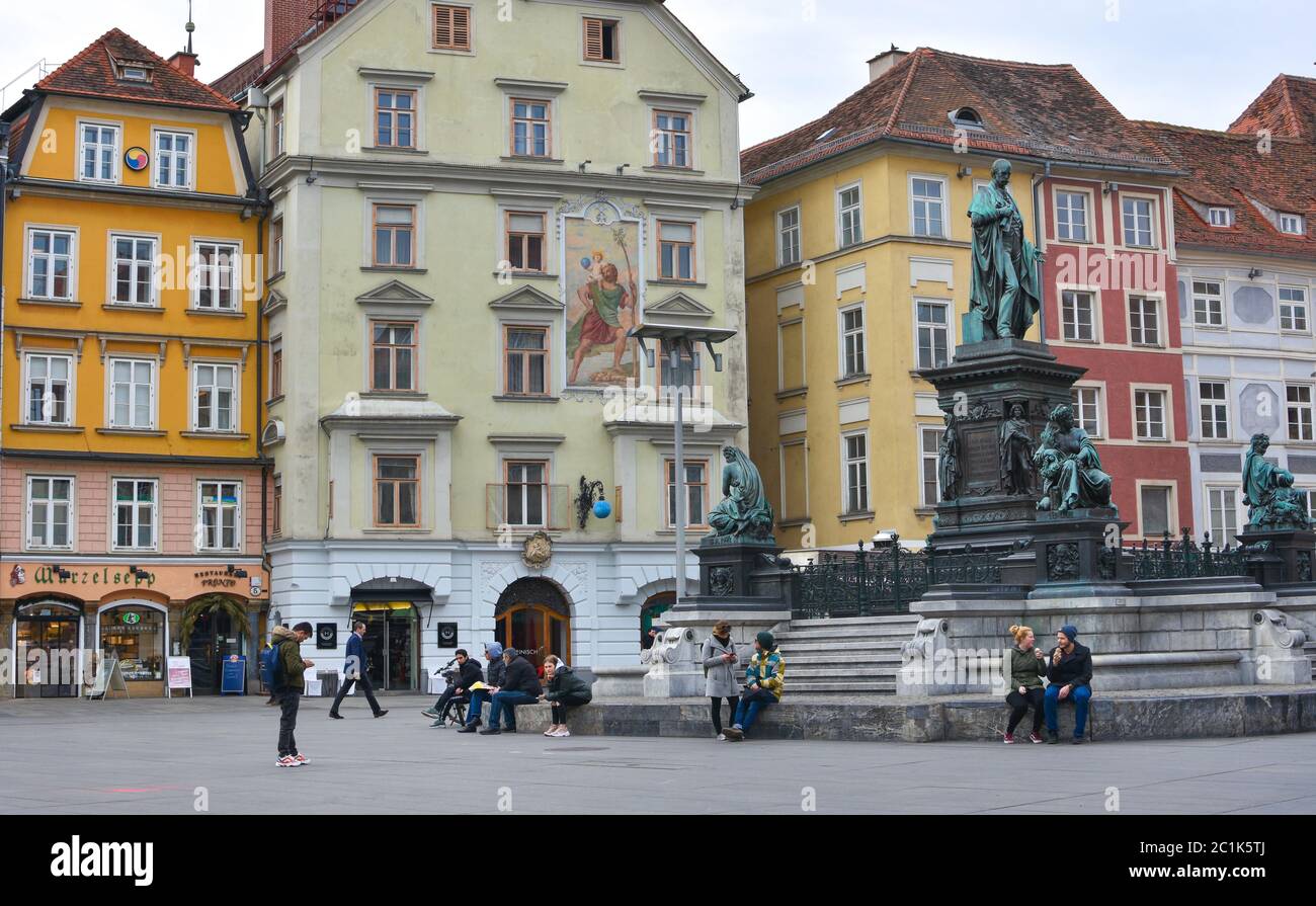Graz/Austria - March 09, 2020: People near Erzherzog Johann fountain at ...