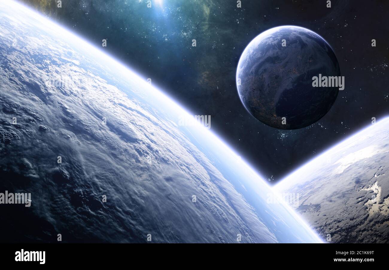 Inhabited planets of deep space. Beautiful cosmic landscape. Science ...