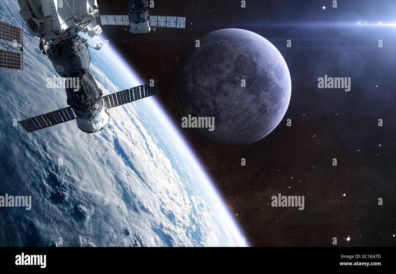 Planet Earth, Moon, ISS. Solar system. Science fiction Stock Photo - Alamy
