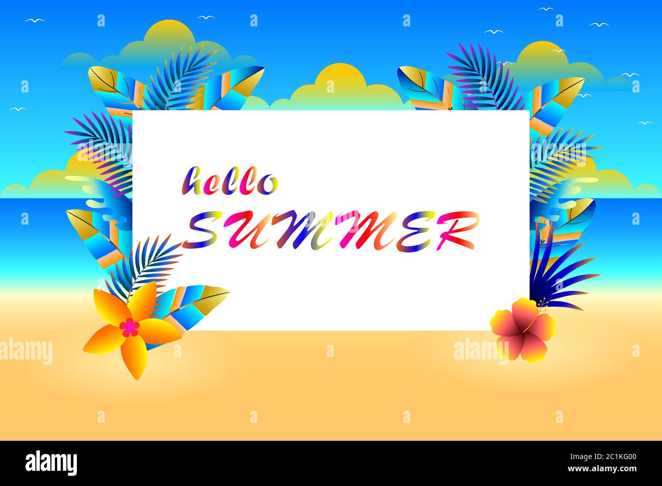 Hello summer, tropical leaves background at the beach Stock Vector ...