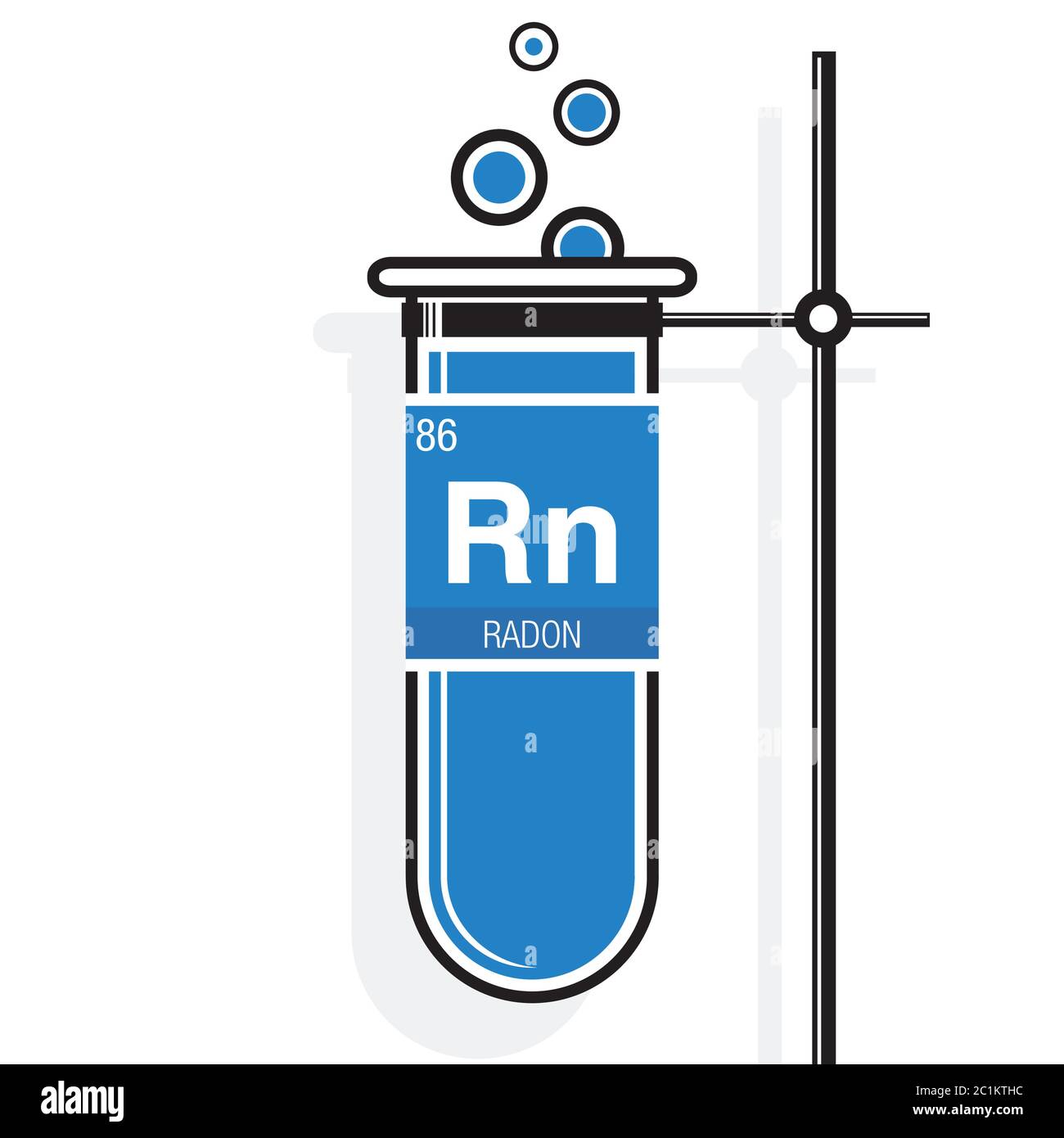 Radon symbol on label in a blue test tube with holder. Element number ...