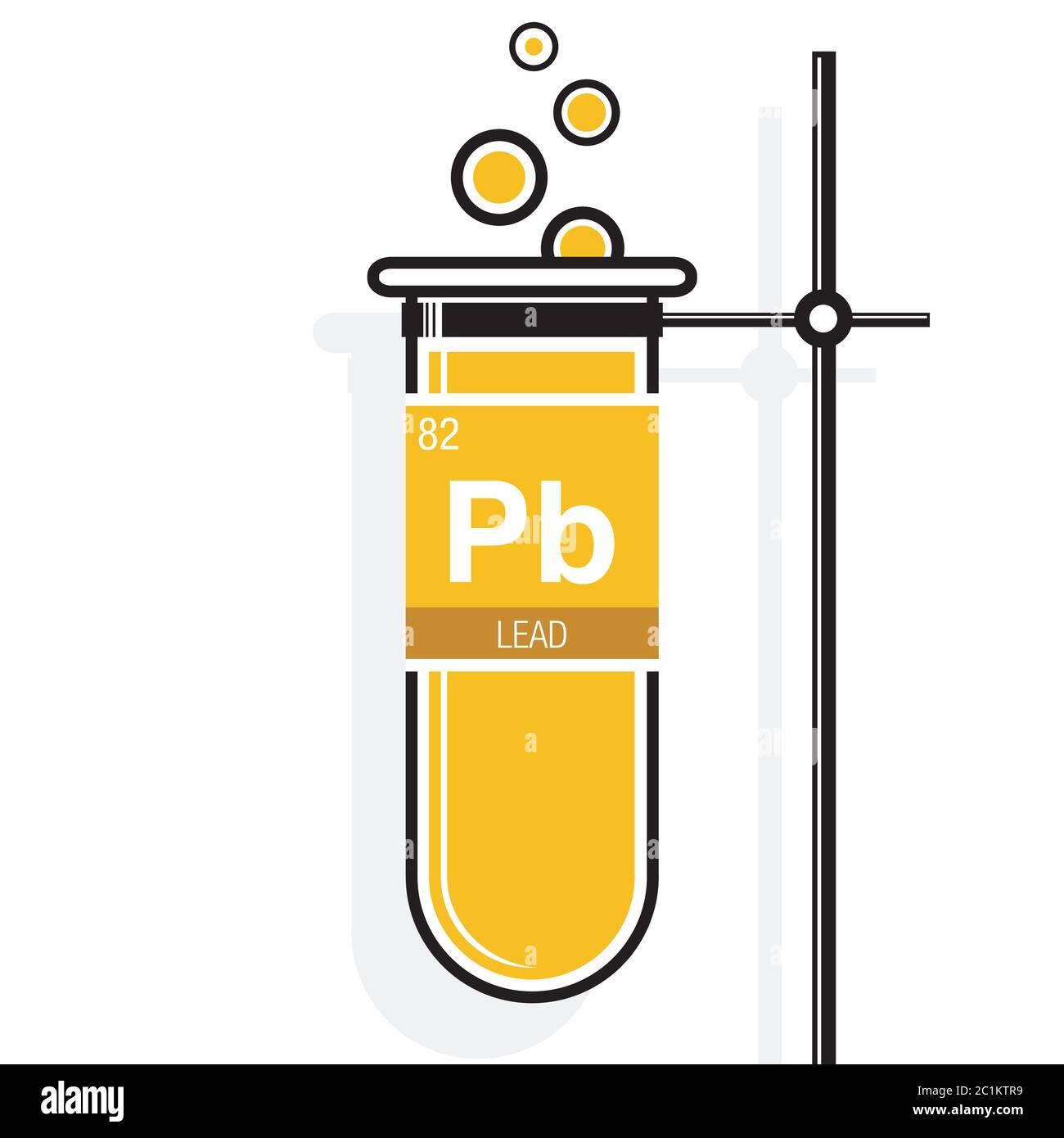 Lead symbol on label in a yellow test tube with holder. Element number ...