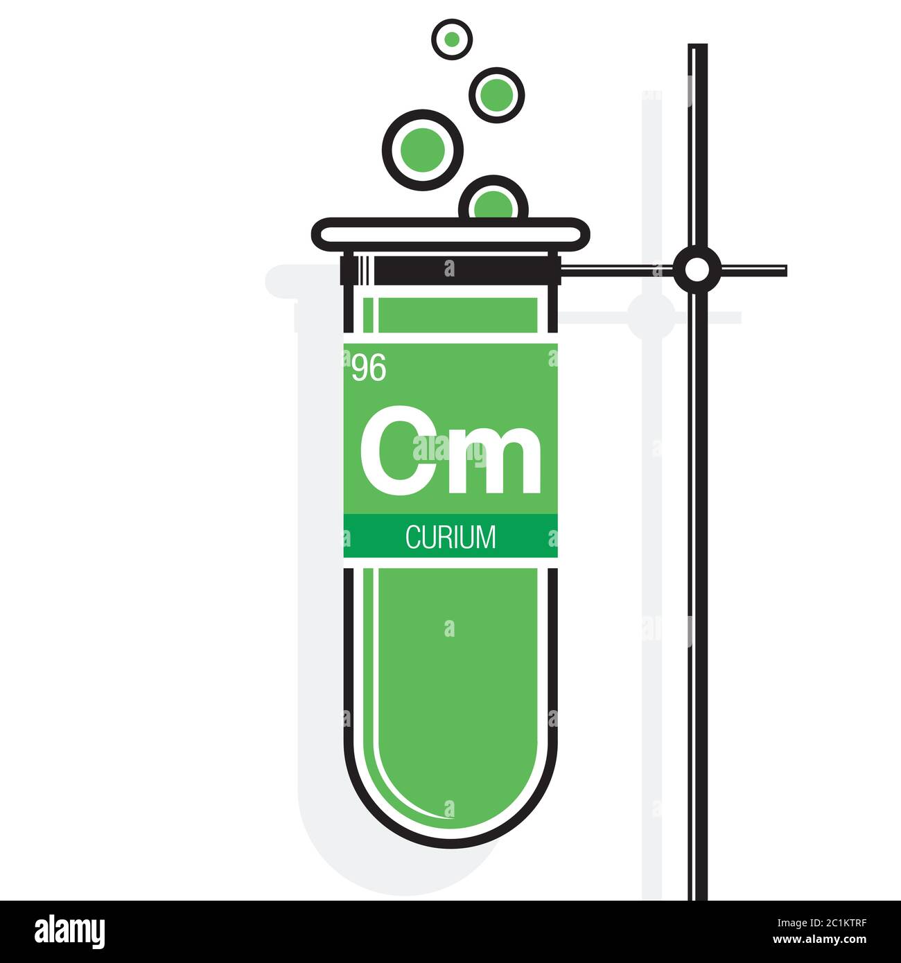Curium symbol on label in a green test tube with holder. Element number ...