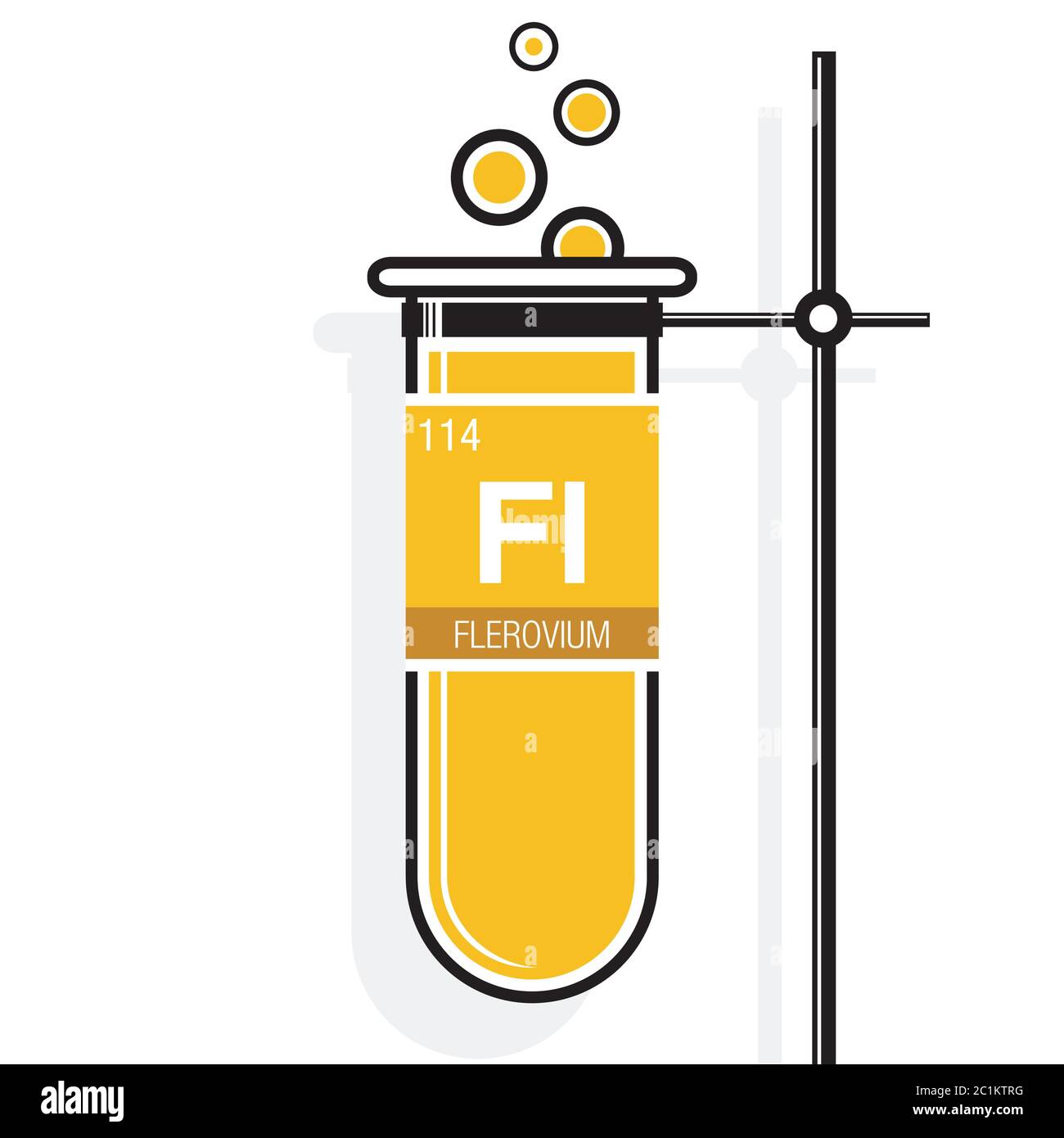 Flerovium symbol on label in a yellow test tube with holder. Element ...