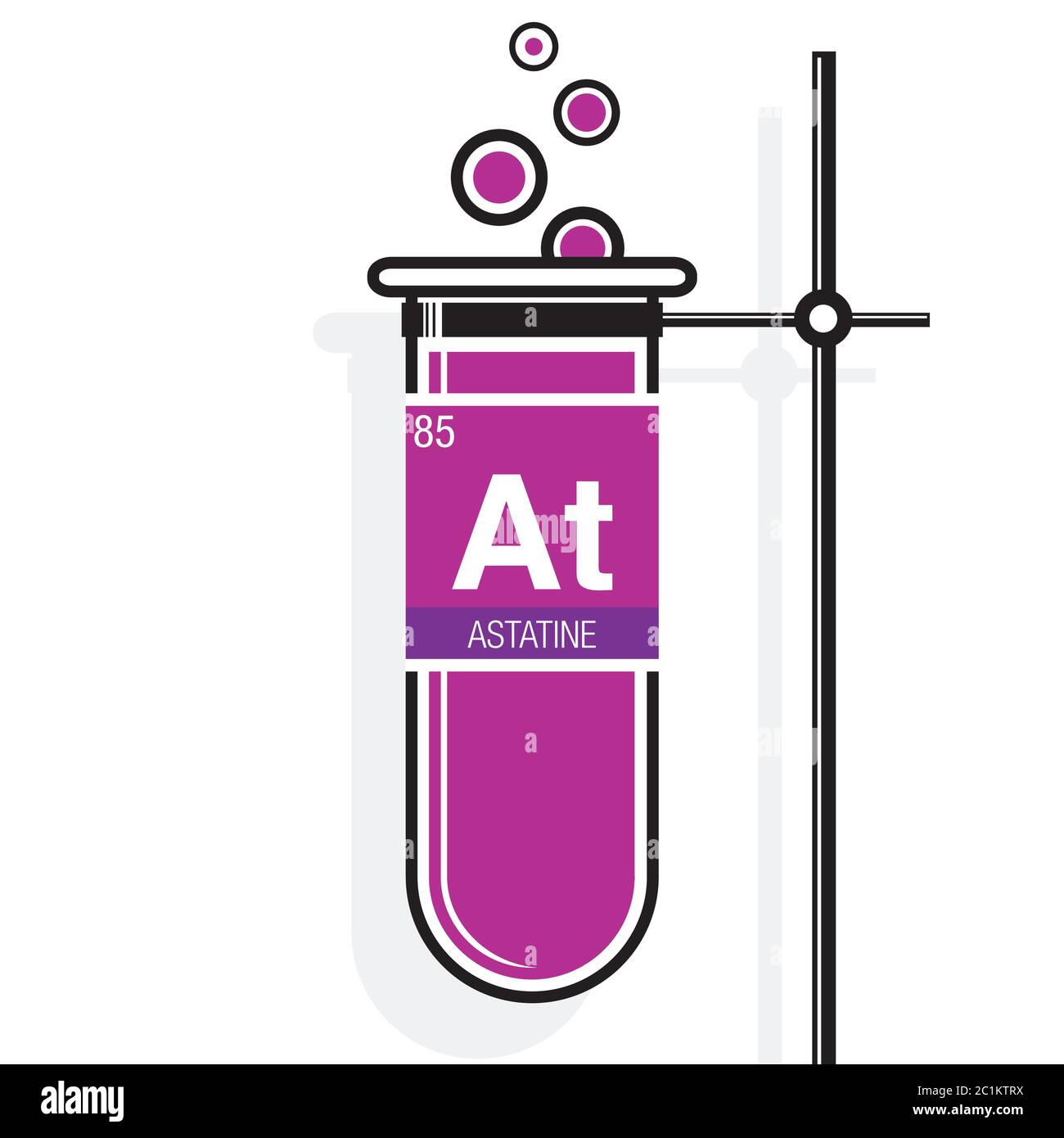 Astatine symbol on label in a magenta test tube with holder. Element ...