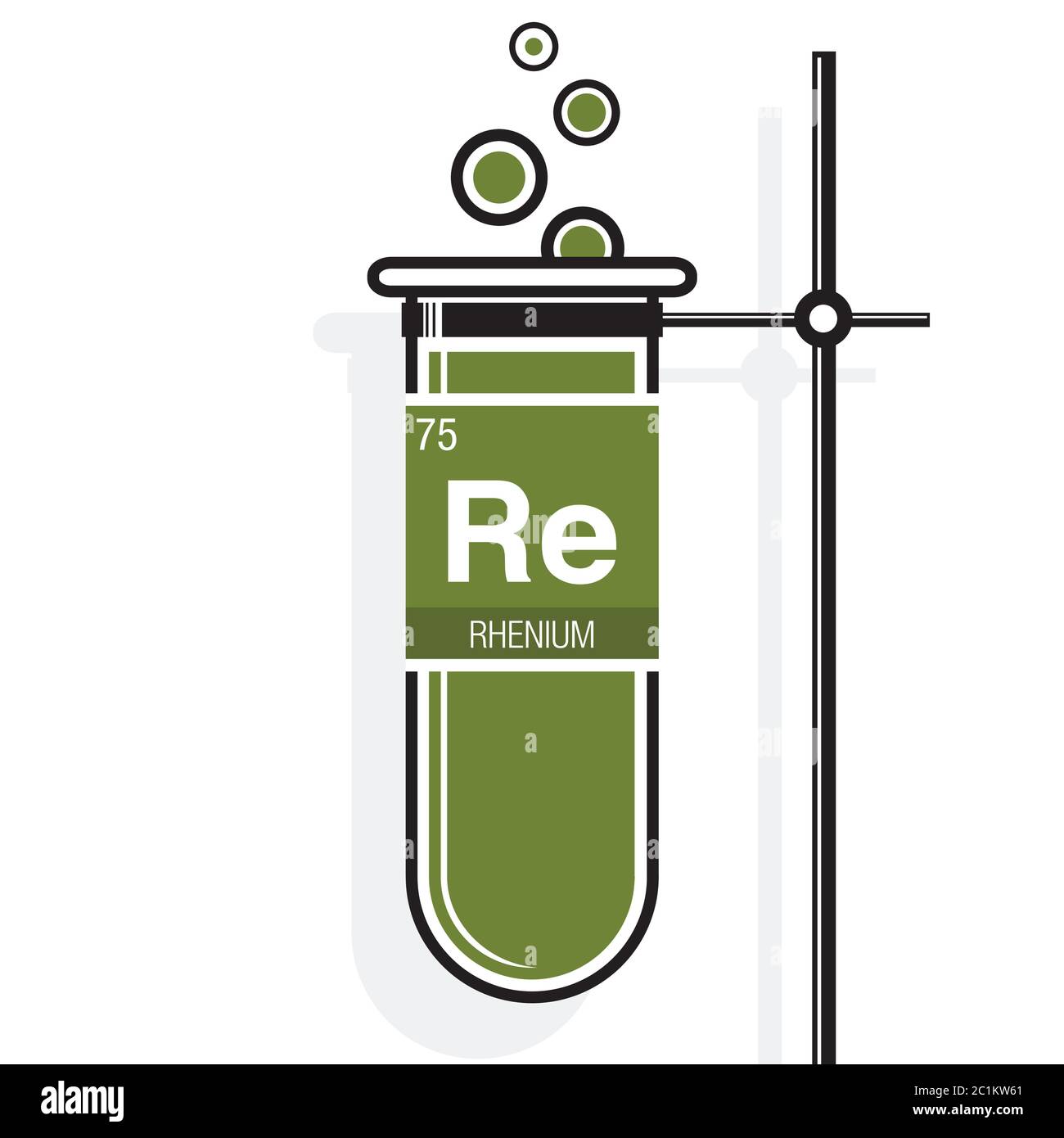 Rhenium symbol on label in a green test tube with holder. Element ...